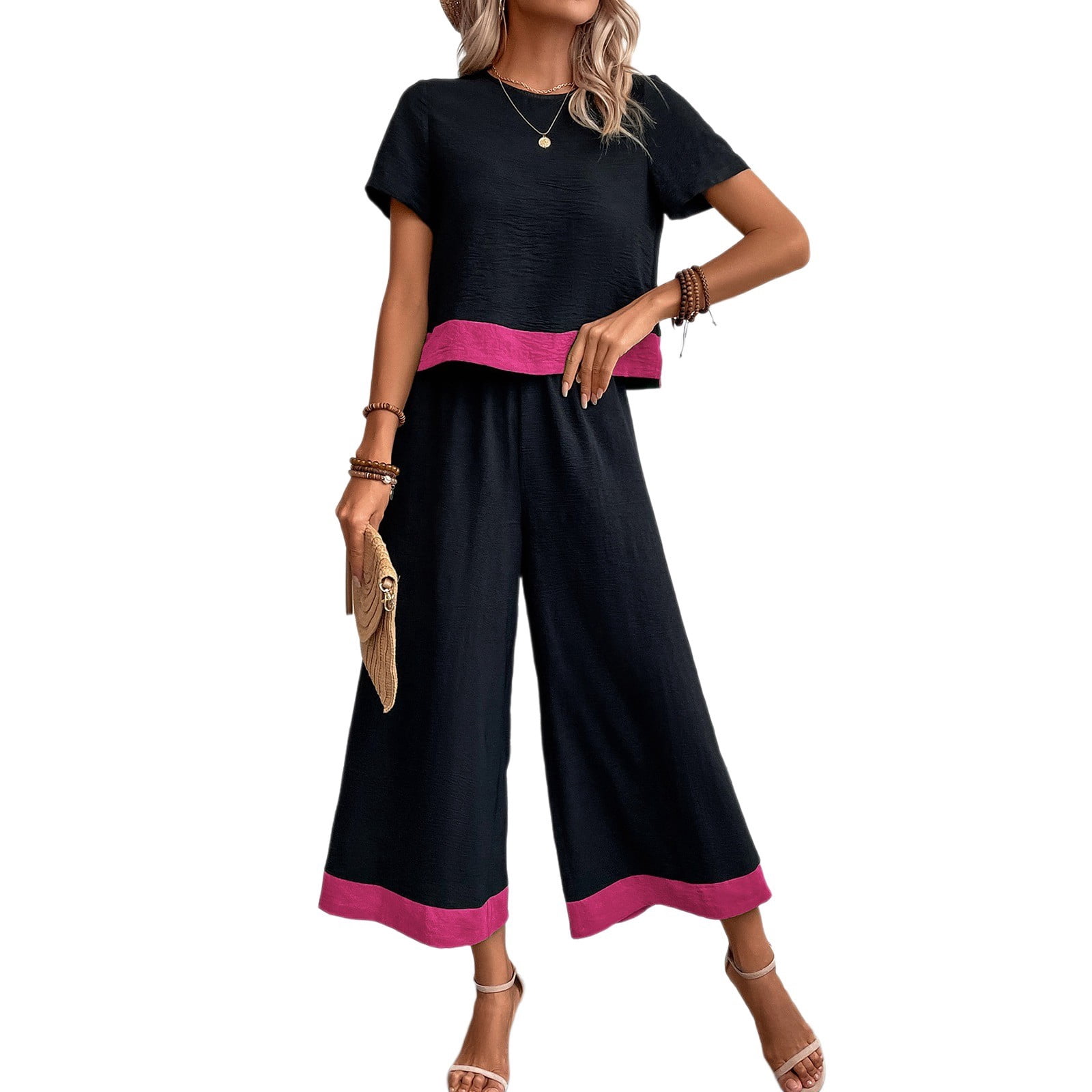 WTOBBY Women's Ruched Crop Top & Straight Leg Pants 2-Piece Set, Trendy ...
