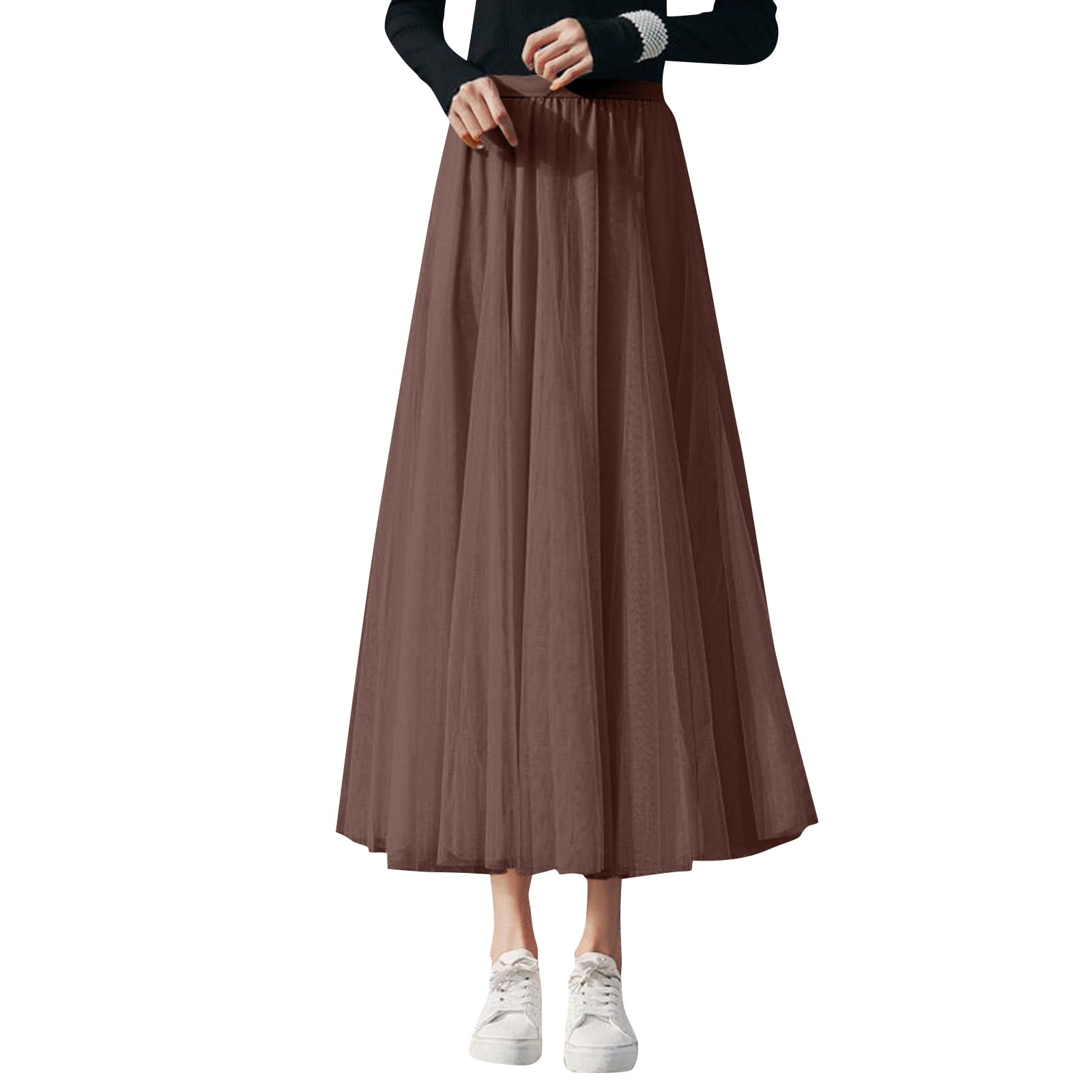 WTOBBY Women's Sequin Embellished Long Tulle Solid Color Elegant Skirt ...