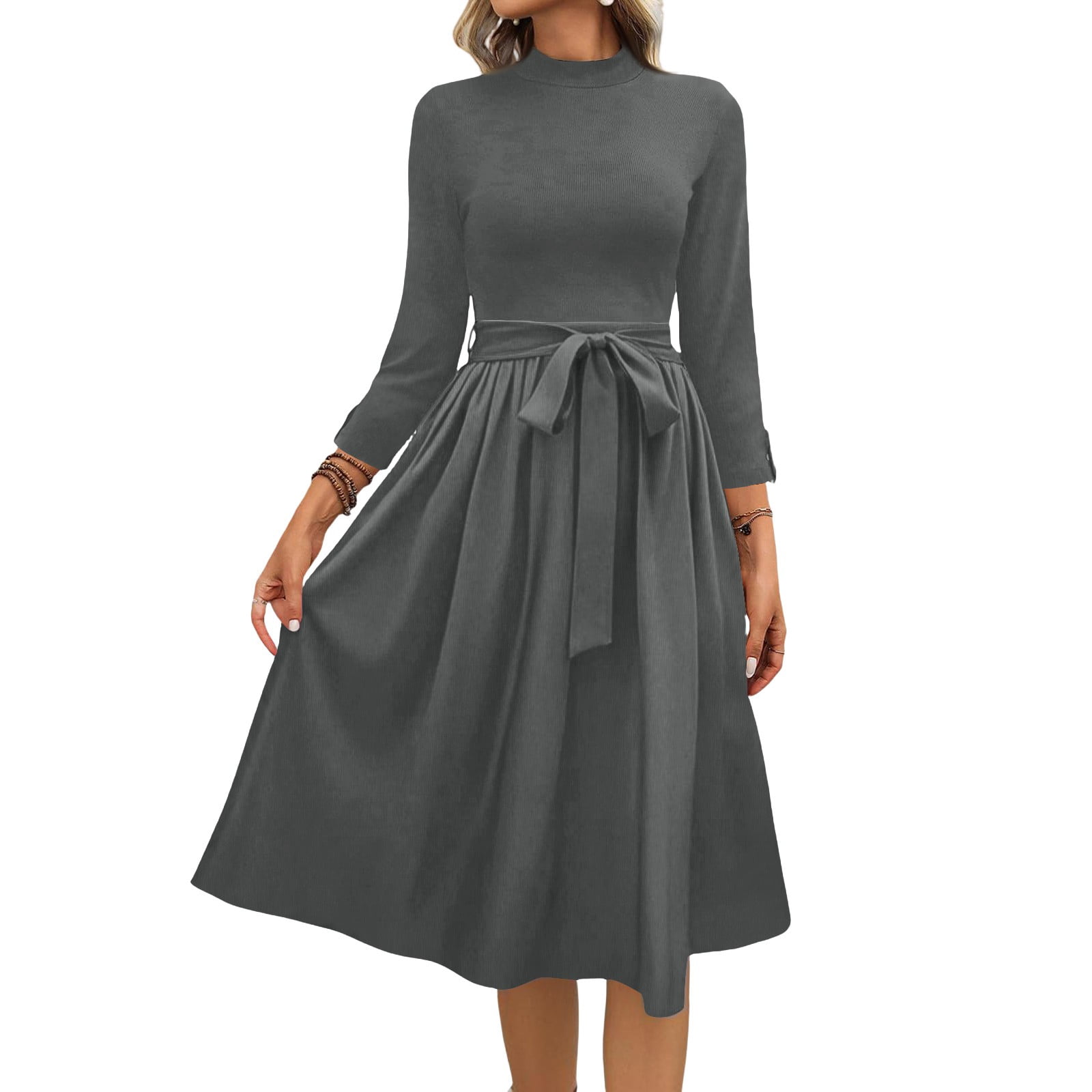 WTOBBY Women's Solid Color Belted Round Neck 3/4 Sleeve Dress ...