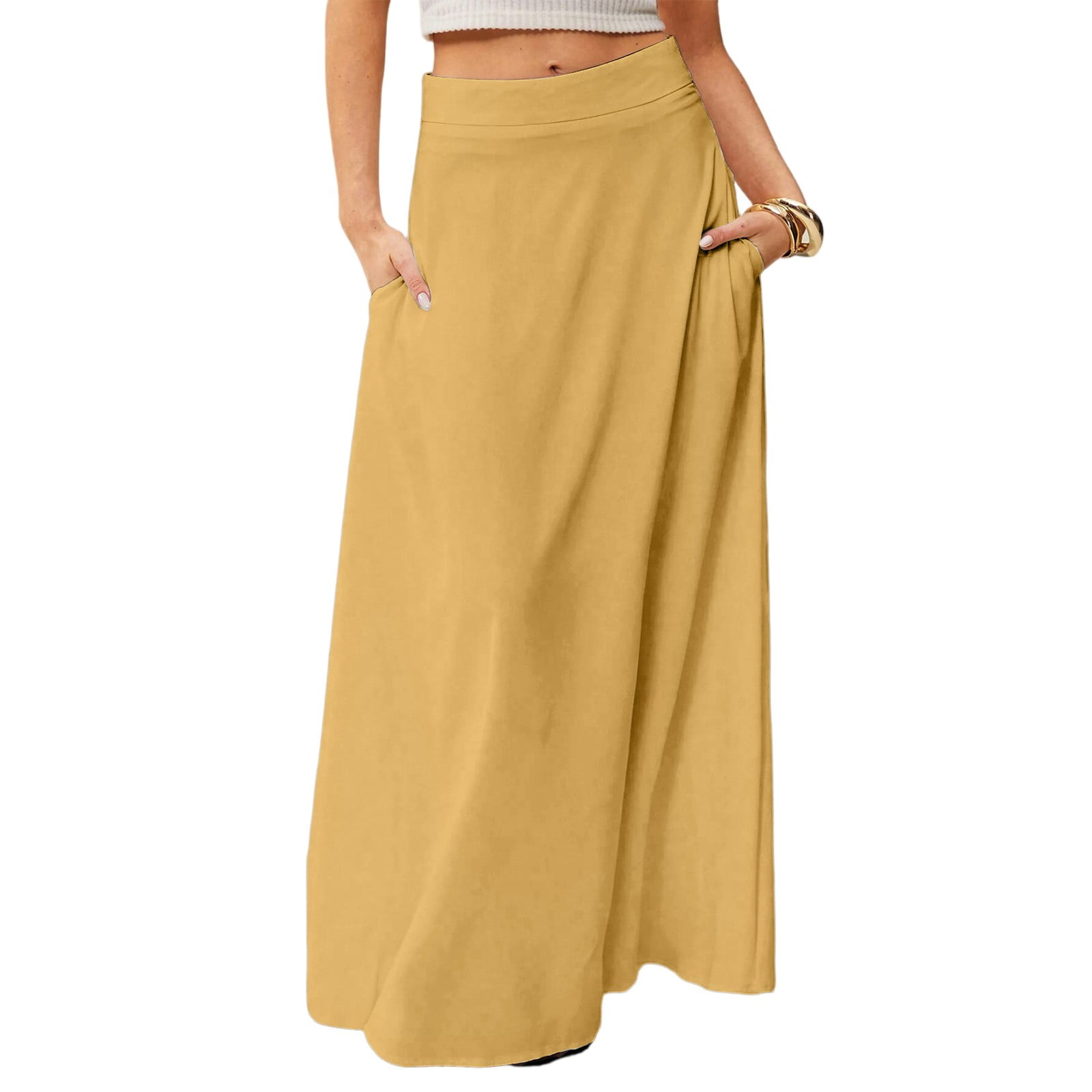 WTOBBY Women's Solid Color Flowy Maxi Skirt Bohemian Style Casual ...