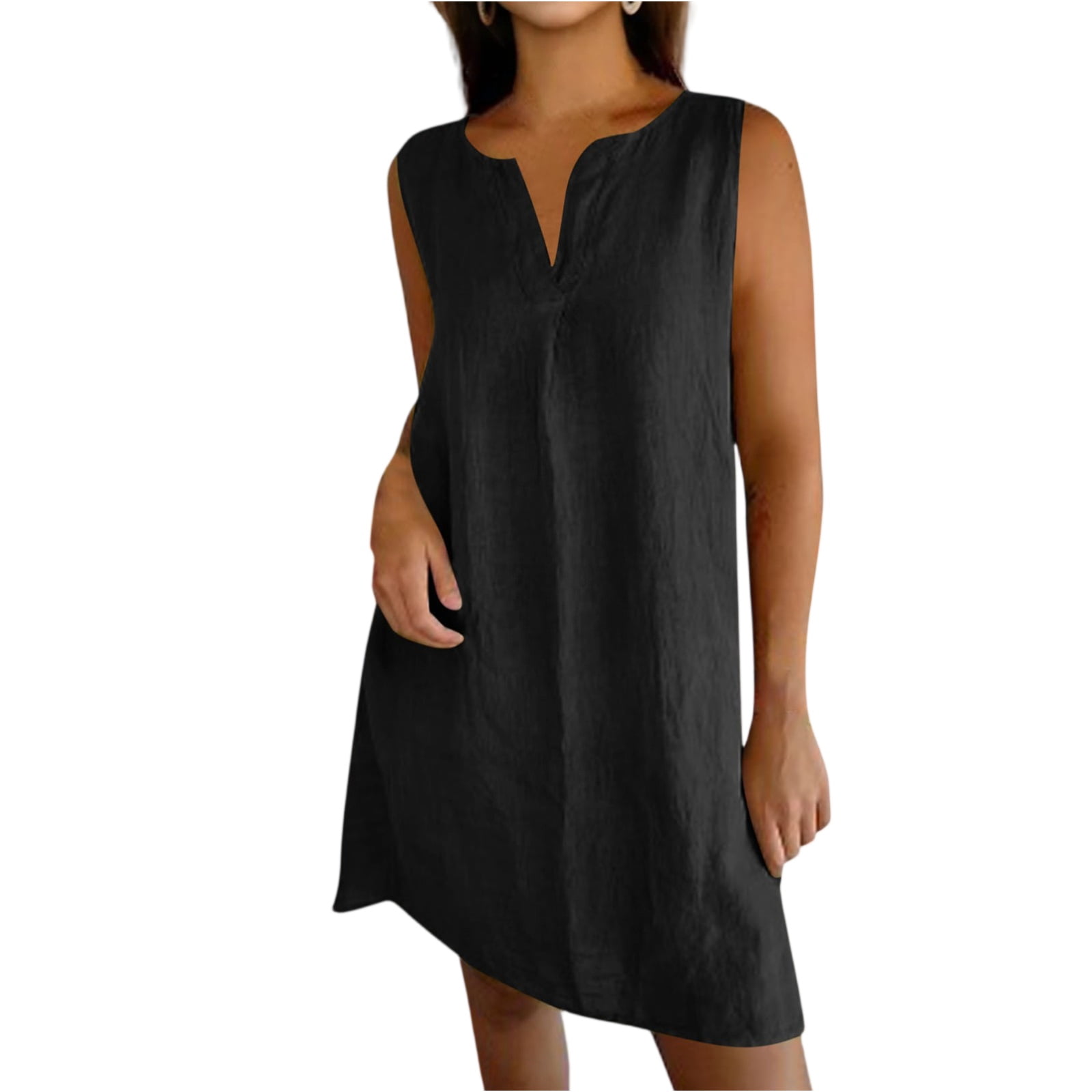WTOBBY Women's Solid Color Linen Blend Casual Sleeveless V-Neck Summer ...