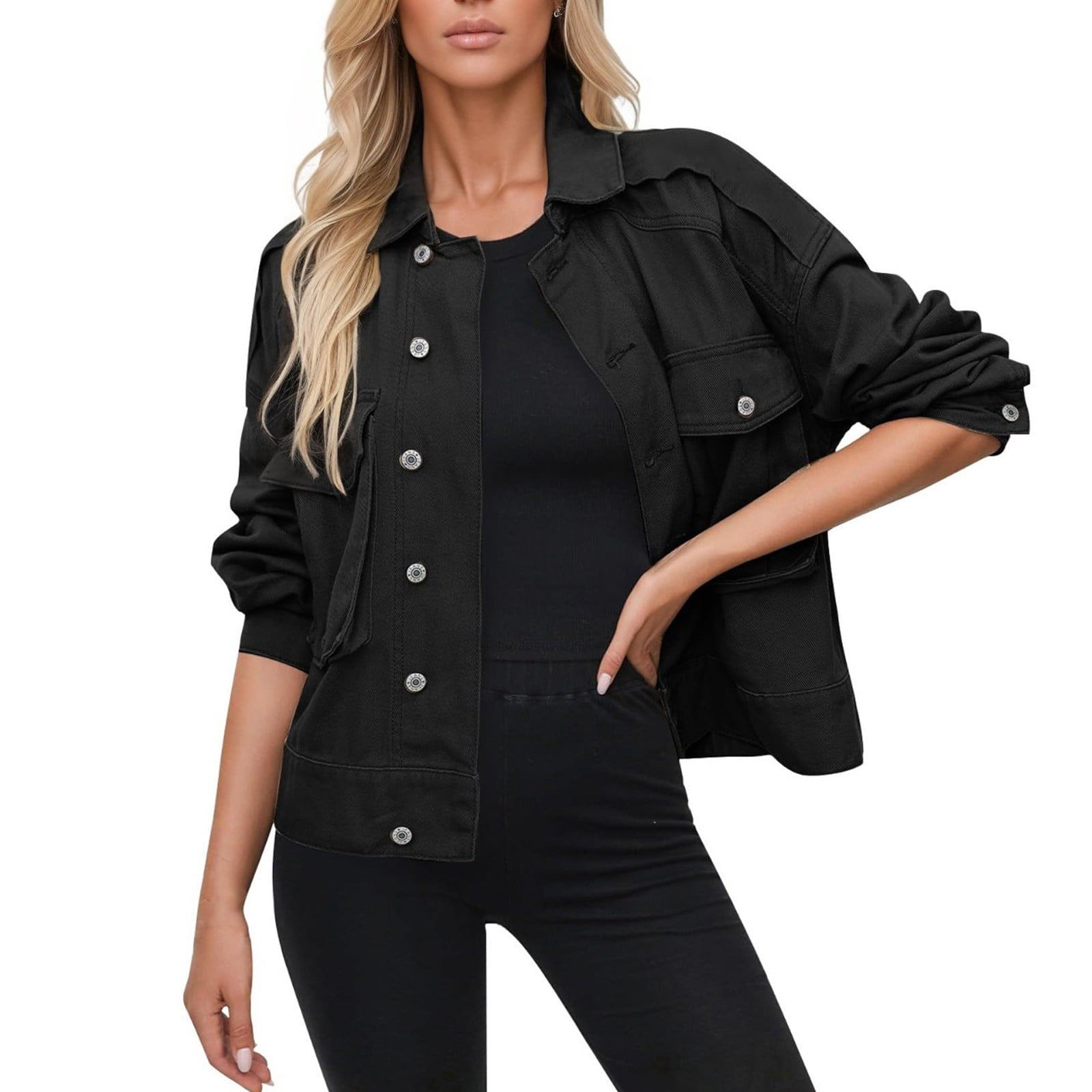 WTOBBY Women's Stretch Denim Jacket with Button Front, Long Sleeve Jean ...