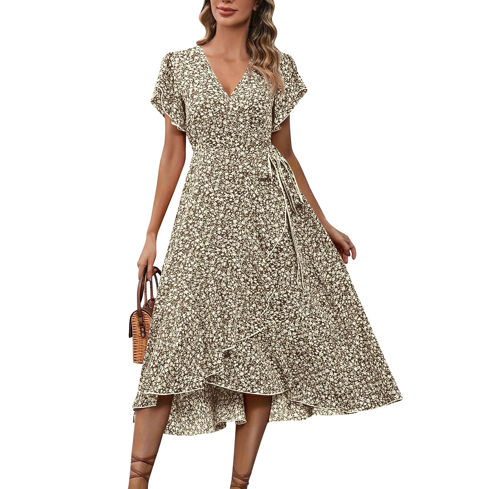 WTOBBY Women's V-Neck Waisted Floral Print Short Sleeve Dress with ...
