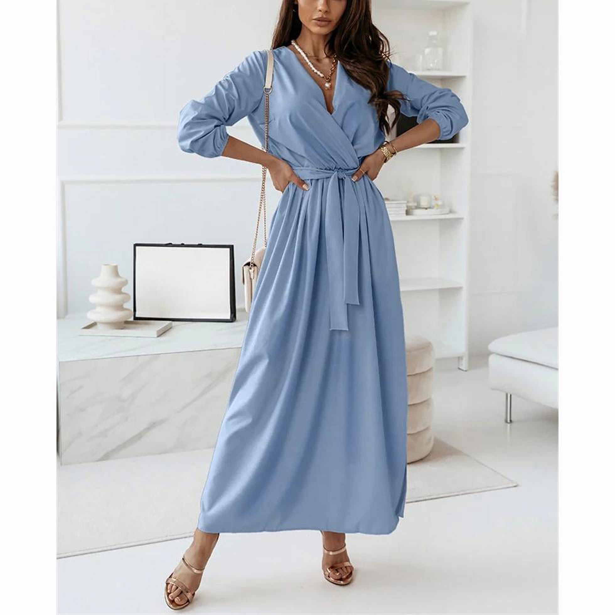 WTPretty Womens Long Sleeve V Neck Belted Sundress Spring Casual A-line ...