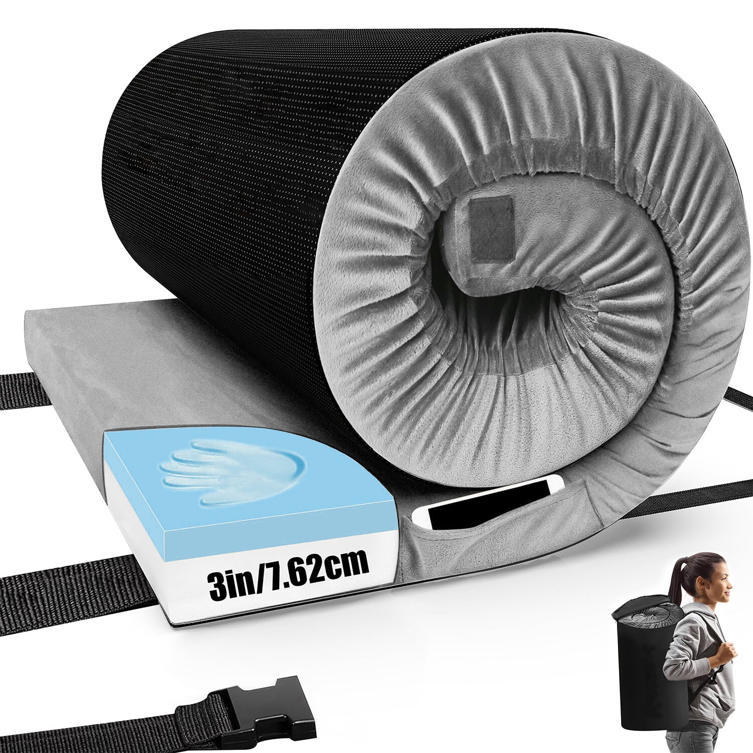 WTVIDAS Memory Foam Camping Mattress Pad, Sleeping Mat Portable Roll Up ...