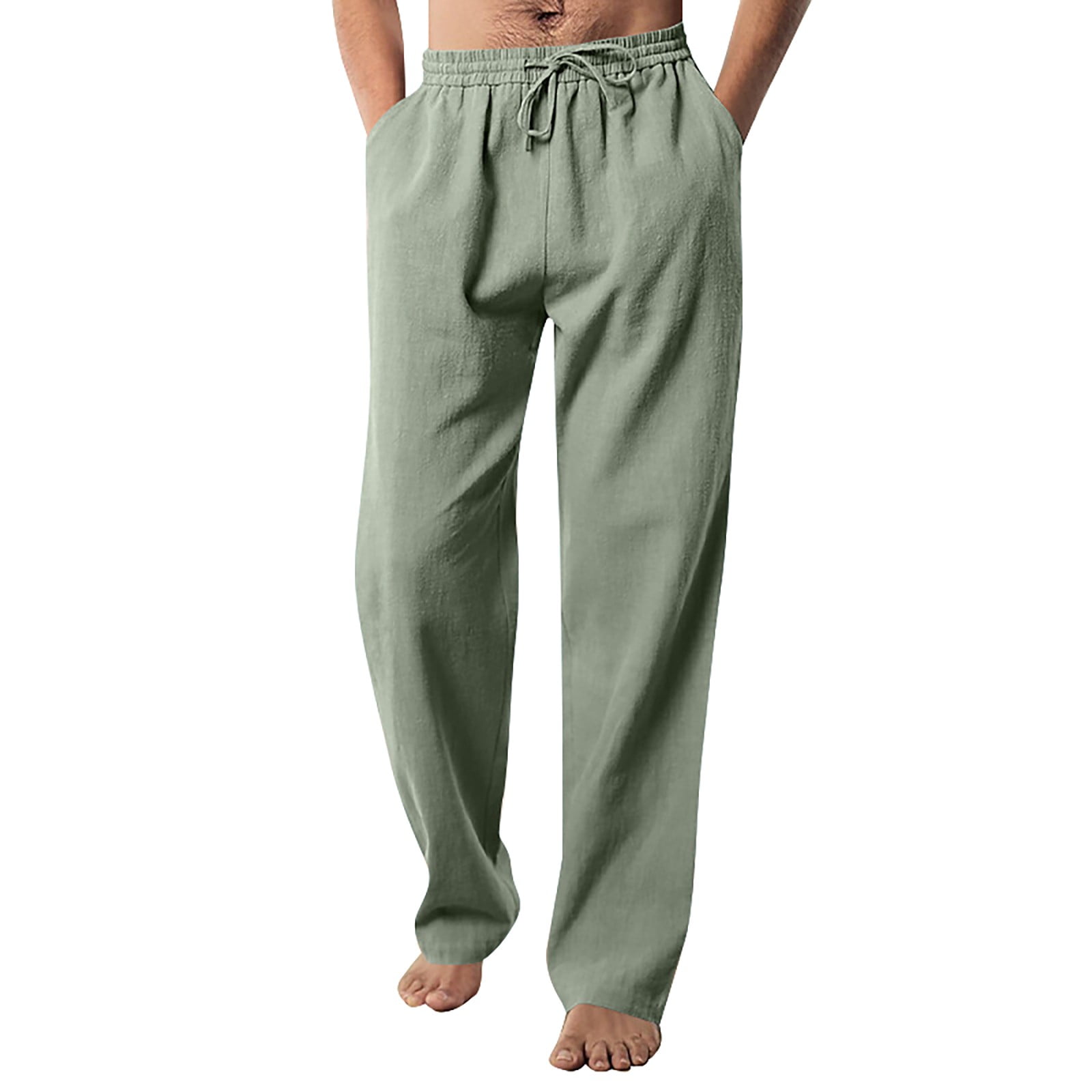 Wtxue Linen Pants Men Mens Casual Solid Color Loose Drawstring Trendy