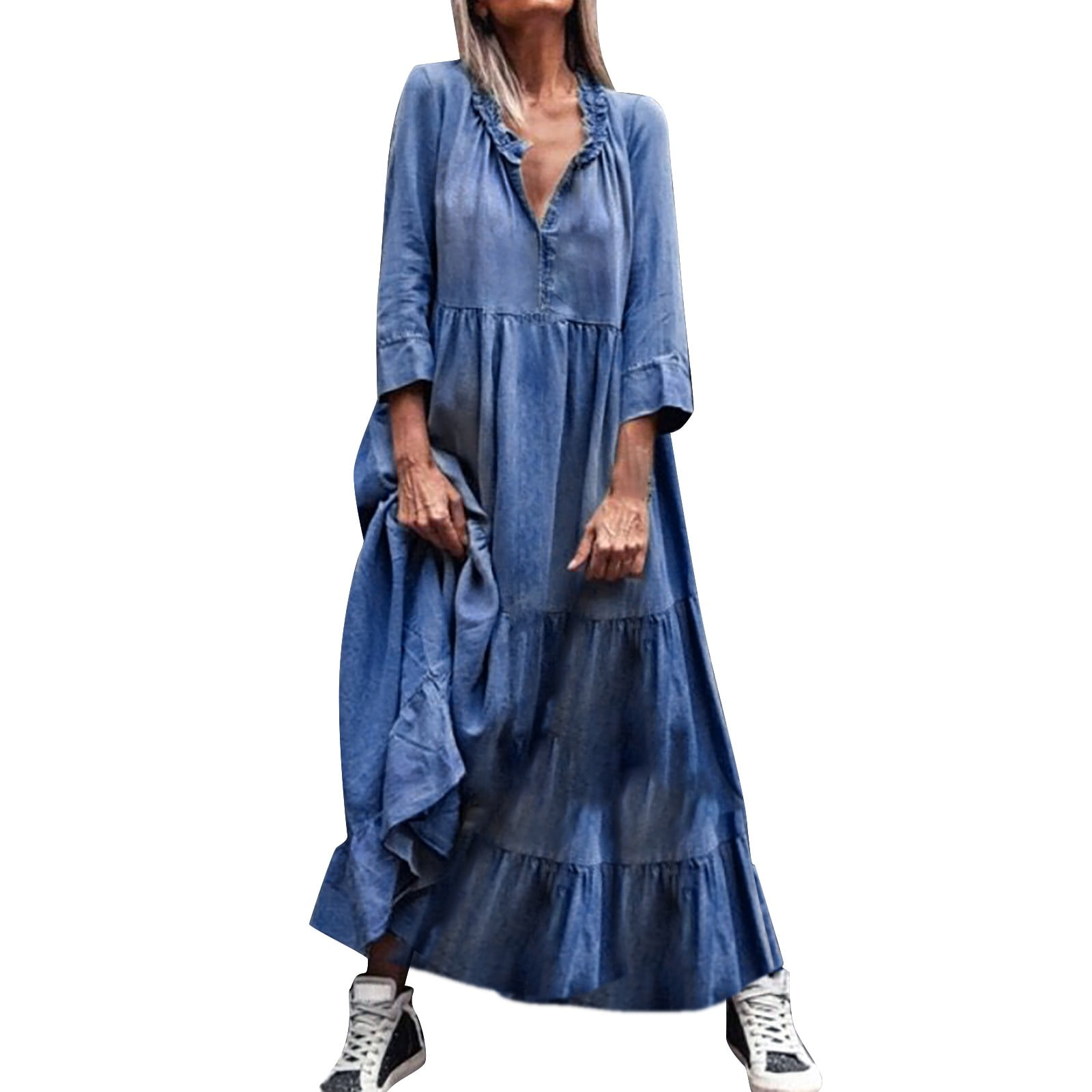 WTXUE Maxi Dresses, Ruffle Dress Long Sleeve Ruffle V-Neck, Women ...