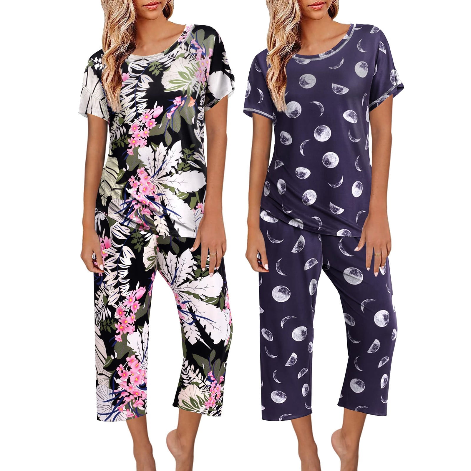 WTXUE Pajama Sets 2 Pack: Womens Pajamas Tops Capri Pants Print with ...