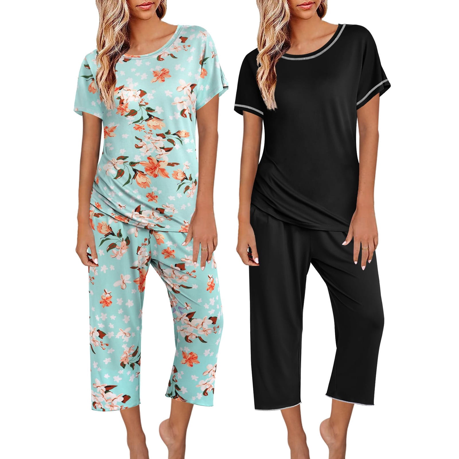 WTXUE Pajama Sets 2 Pack: Womens Pajamas Tops Capri Pants Print with ...
