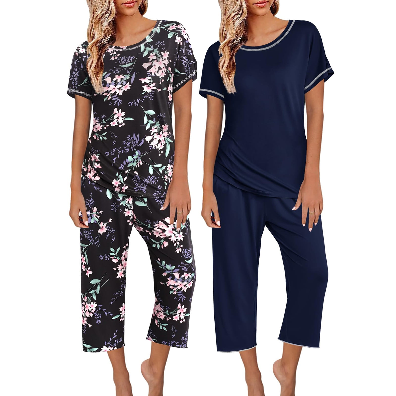 WTXUE Pajama Sets 2 Pack: Womens Pajamas Tops Capri Pants Print with ...