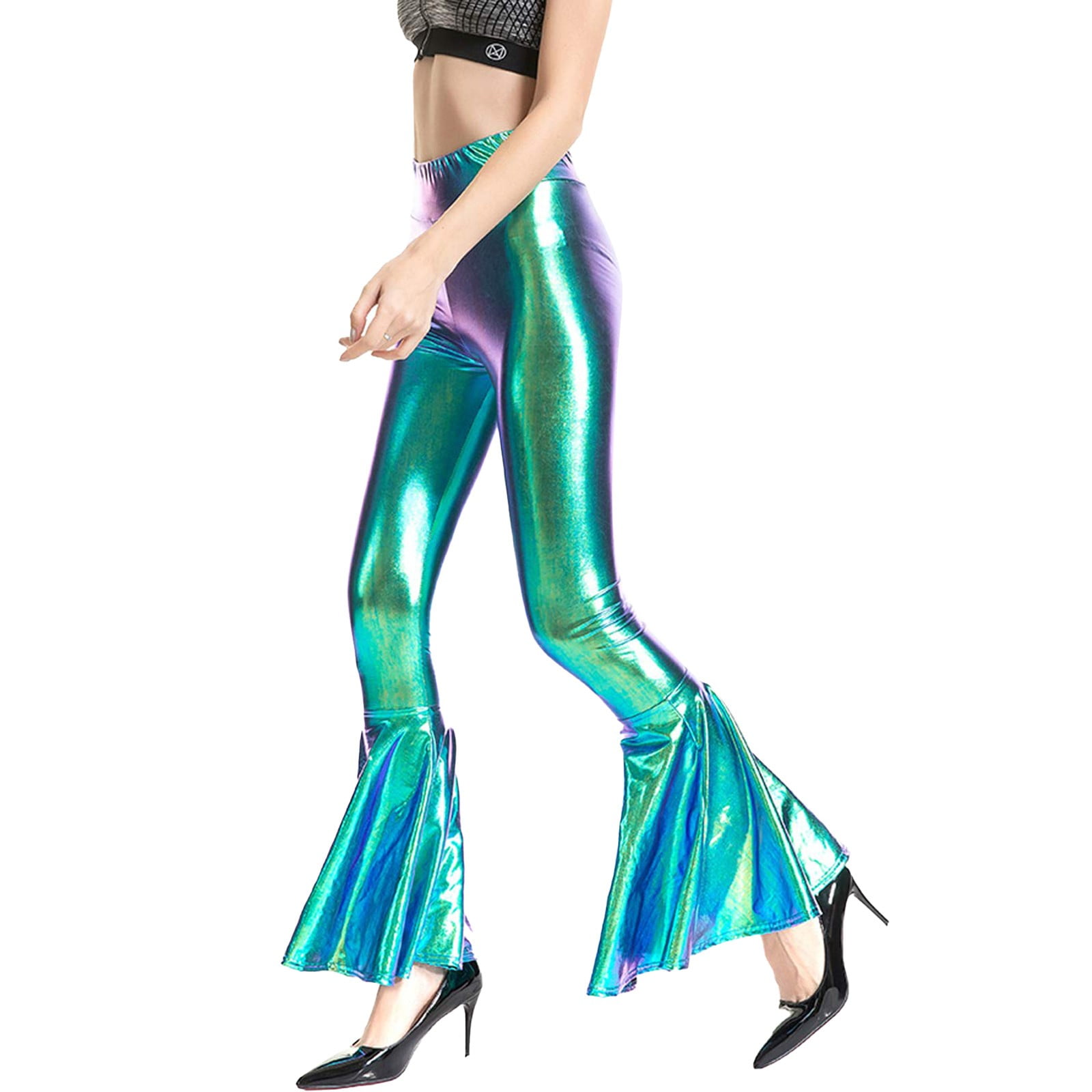 WTXUE Wide Leg Pants, Bell Bottoms Women Shiny Metallic Flare Leggings ...