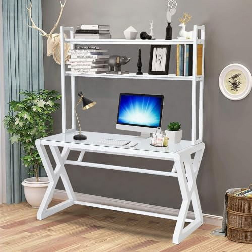 WTYNKAE Computer Desk with Shelves - Glass Top and Metal Frame Black ...