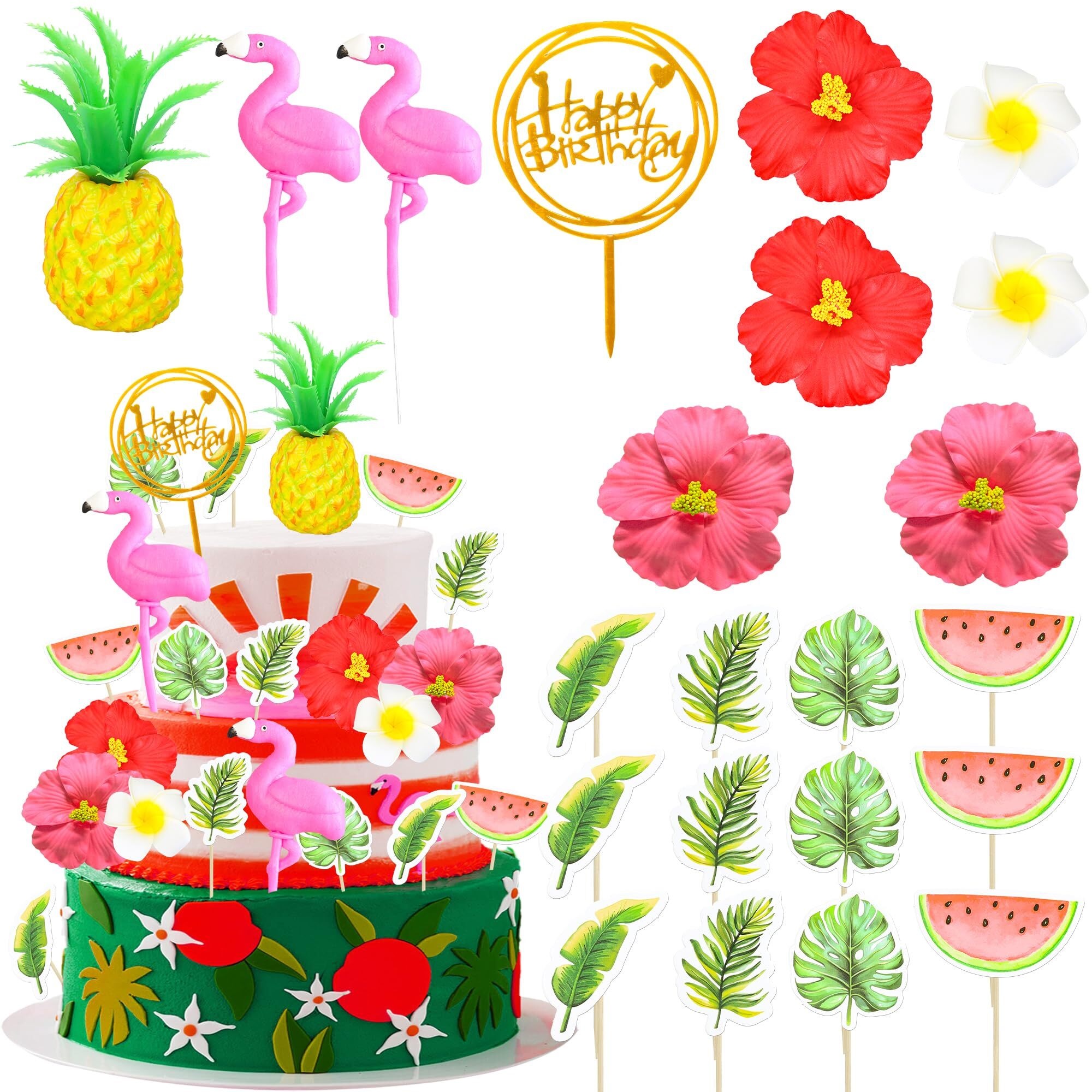 WTef Hawaiian Flower Cake Toppers Summer Happy Birthday Cake Decoration ...