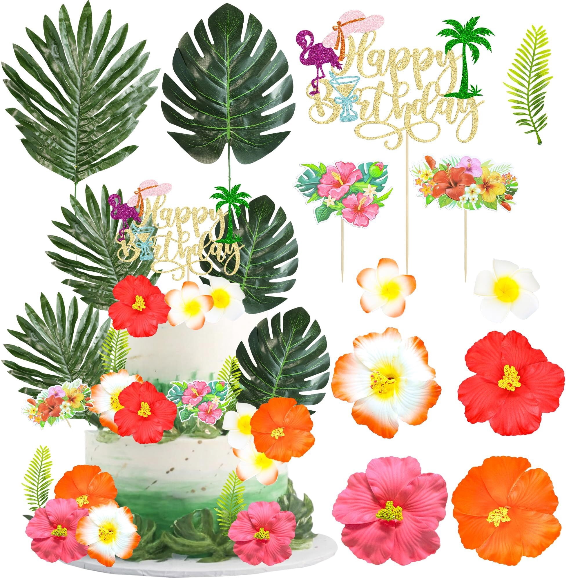 WTef Hawaiian Flower Cake Toppers Summer Happy Birthday Cake Decoration ...