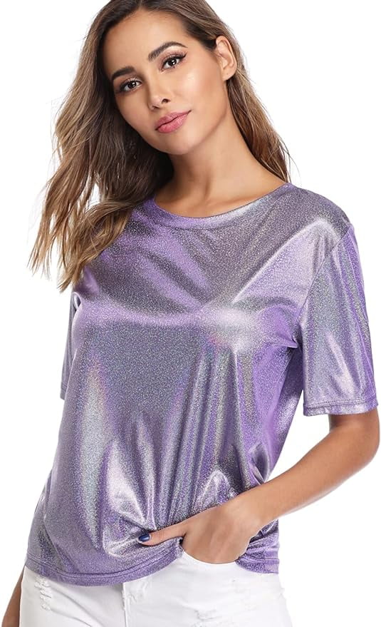 WUDODO Women's Shiny Tops Holographic Metallic Shirts Sparkles Ultra ...