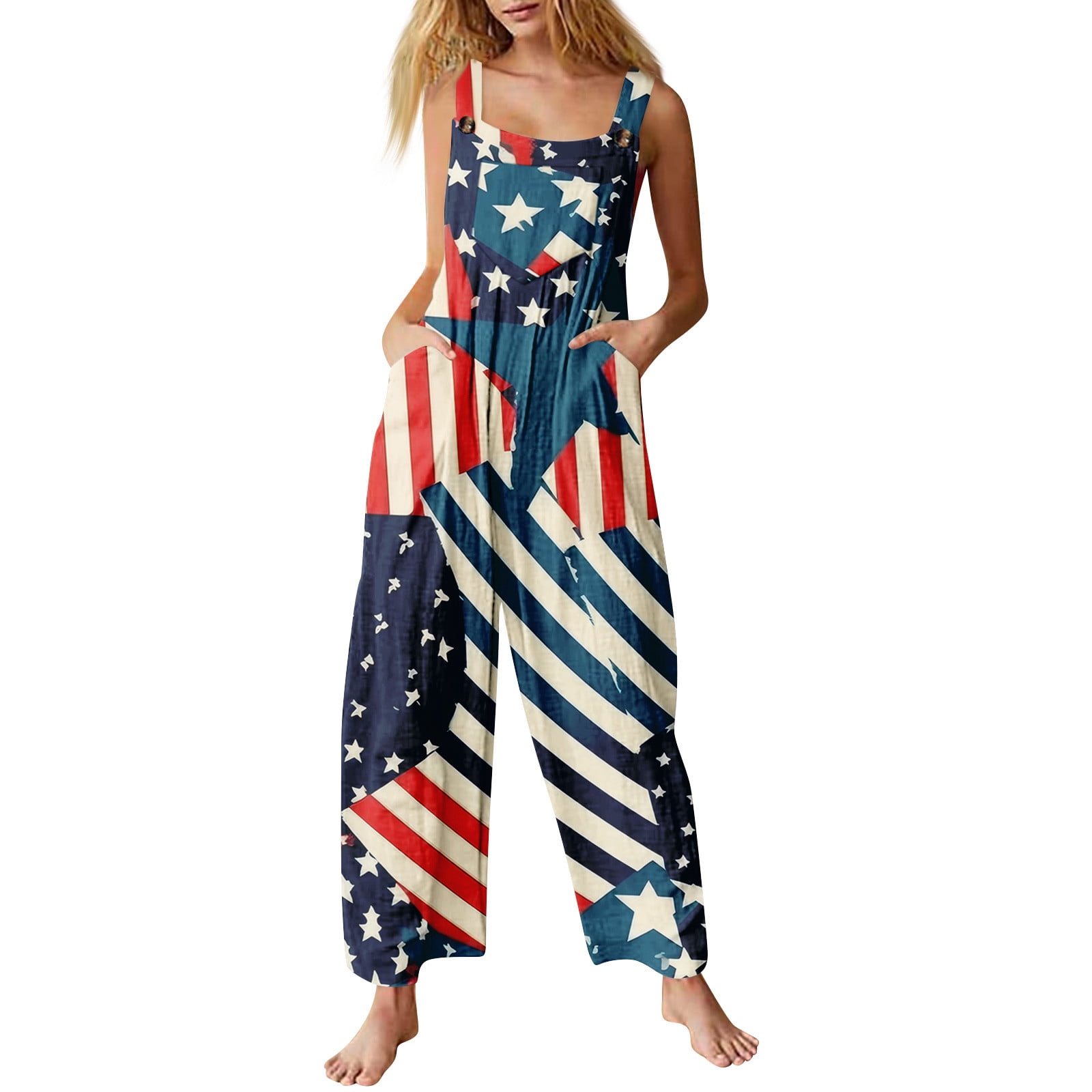WULMLEO 4th Of July Jumpsuit for Women Plus Size Baggy Square Neck Usa ...