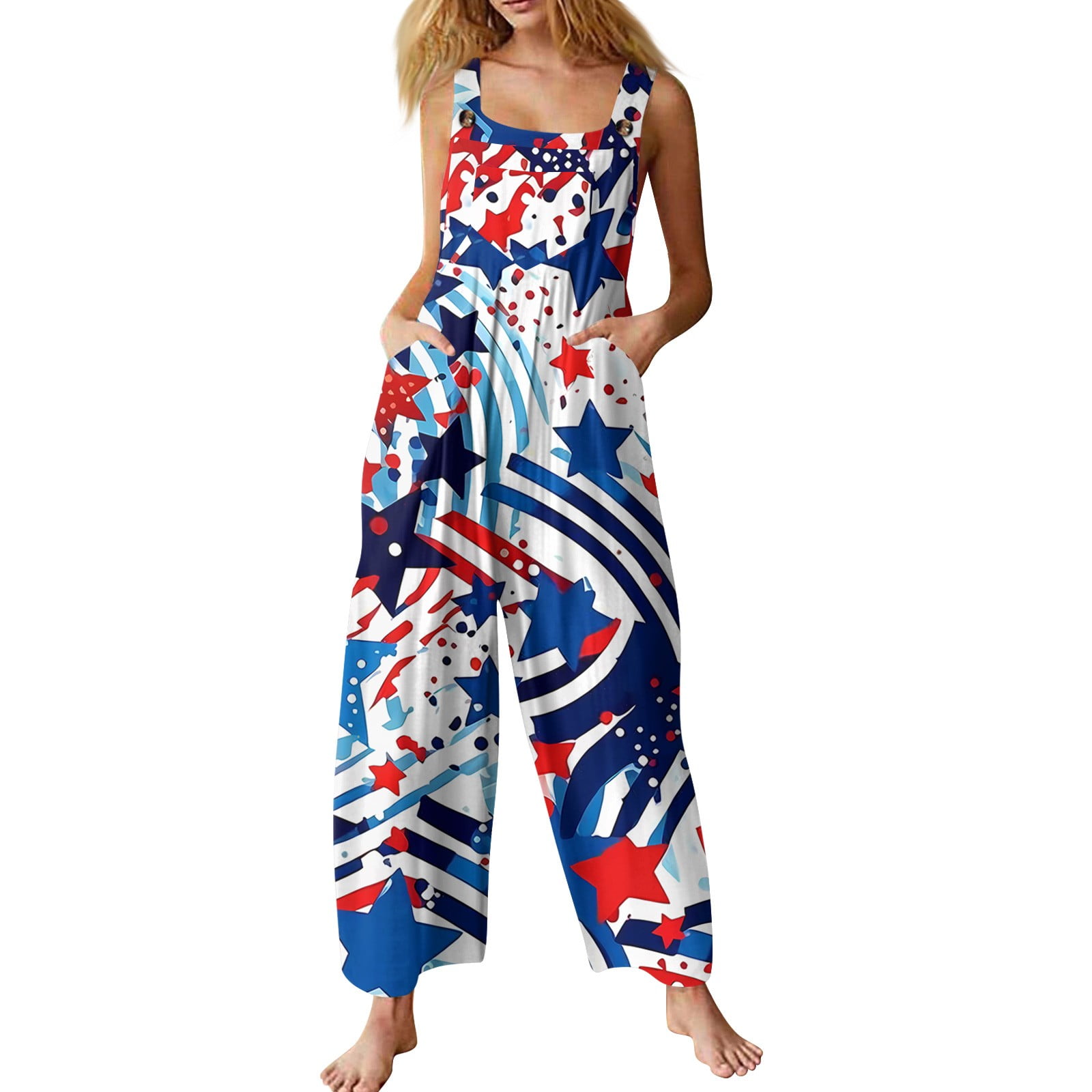 WULMLEO 4th Of July Jumpsuit for Women Usa American Flag Square Neck ...