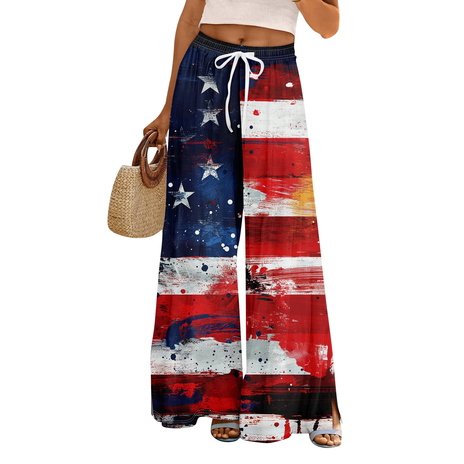 WULMLEO 4th Of July Womens Pants Red White and Blue High Elastic Waist Plus Size Wide Leg ...