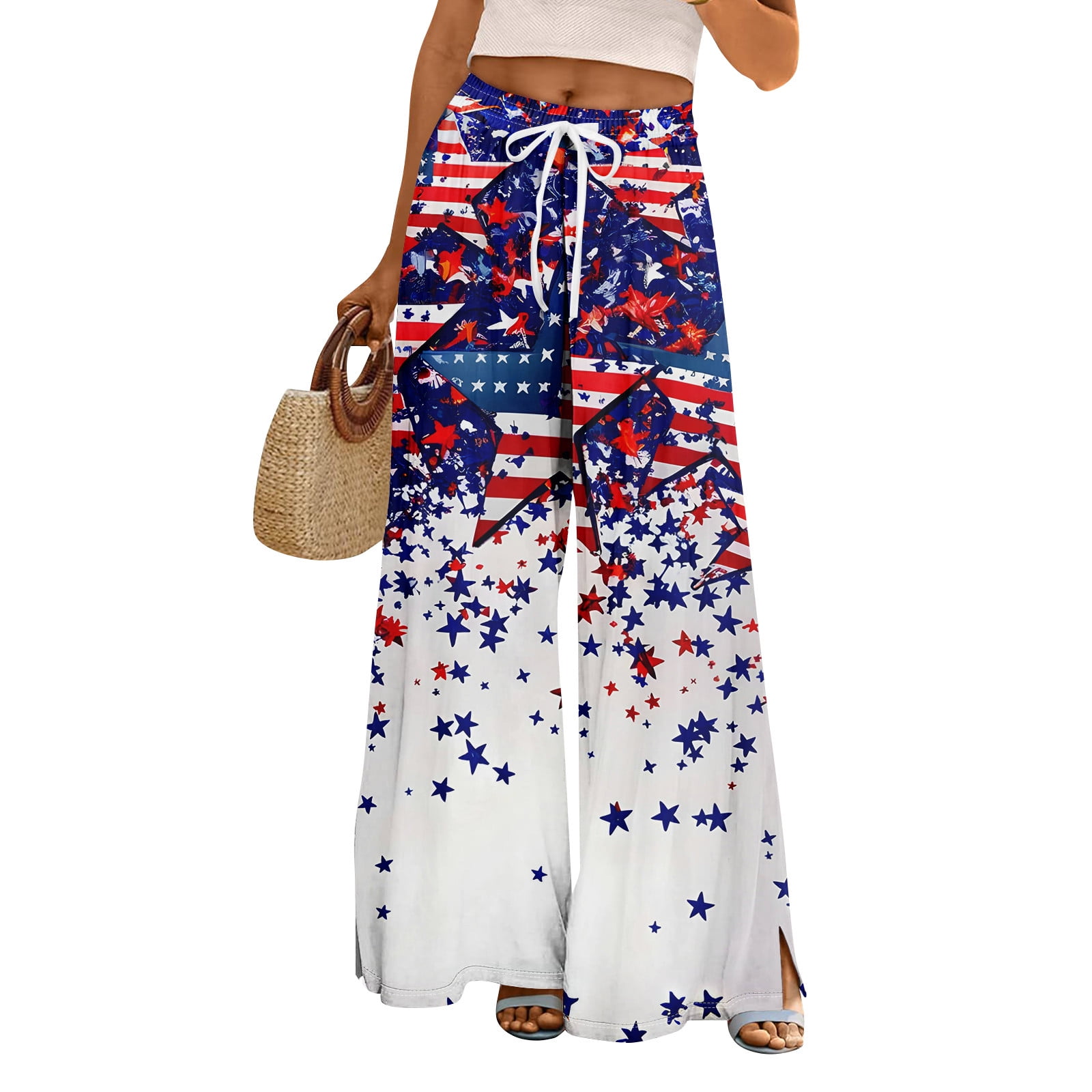 WULMLEO 4th Of July Womens Pants Red White and Blue High Elastic Waist Usa American Flag ...
