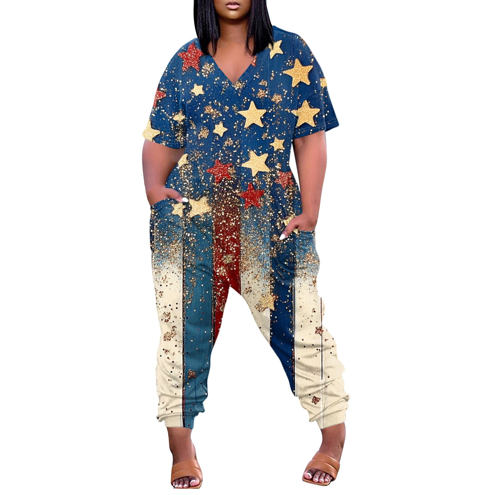 WULMLEO 4th Of July Womens Romper Red White and Blue Short Sleeve Usa ...