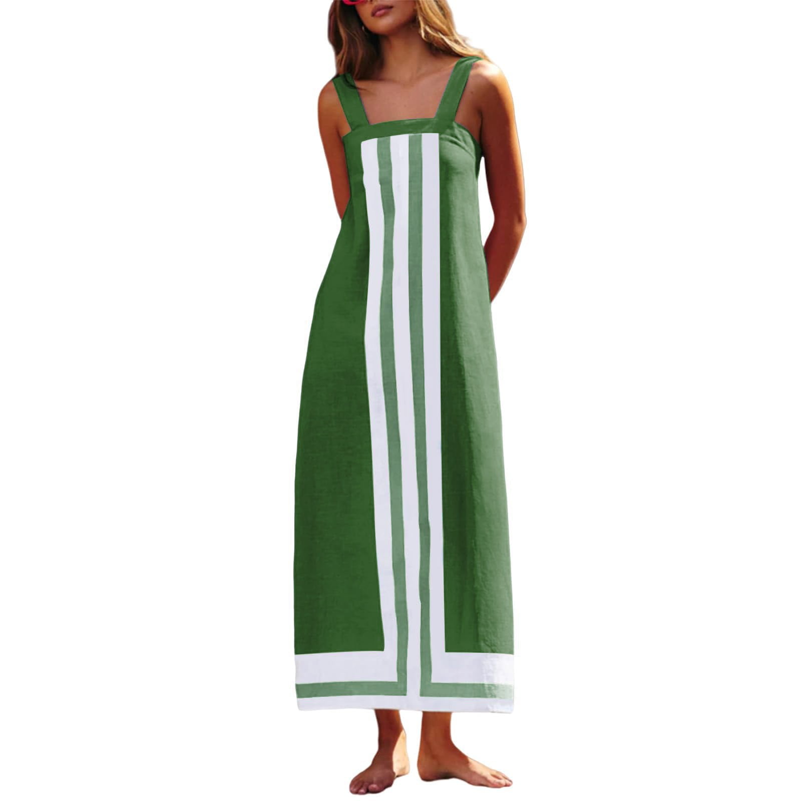 WULMLEO Color Block Dress for Women Beach Vacation Linen Summer Maxi ...