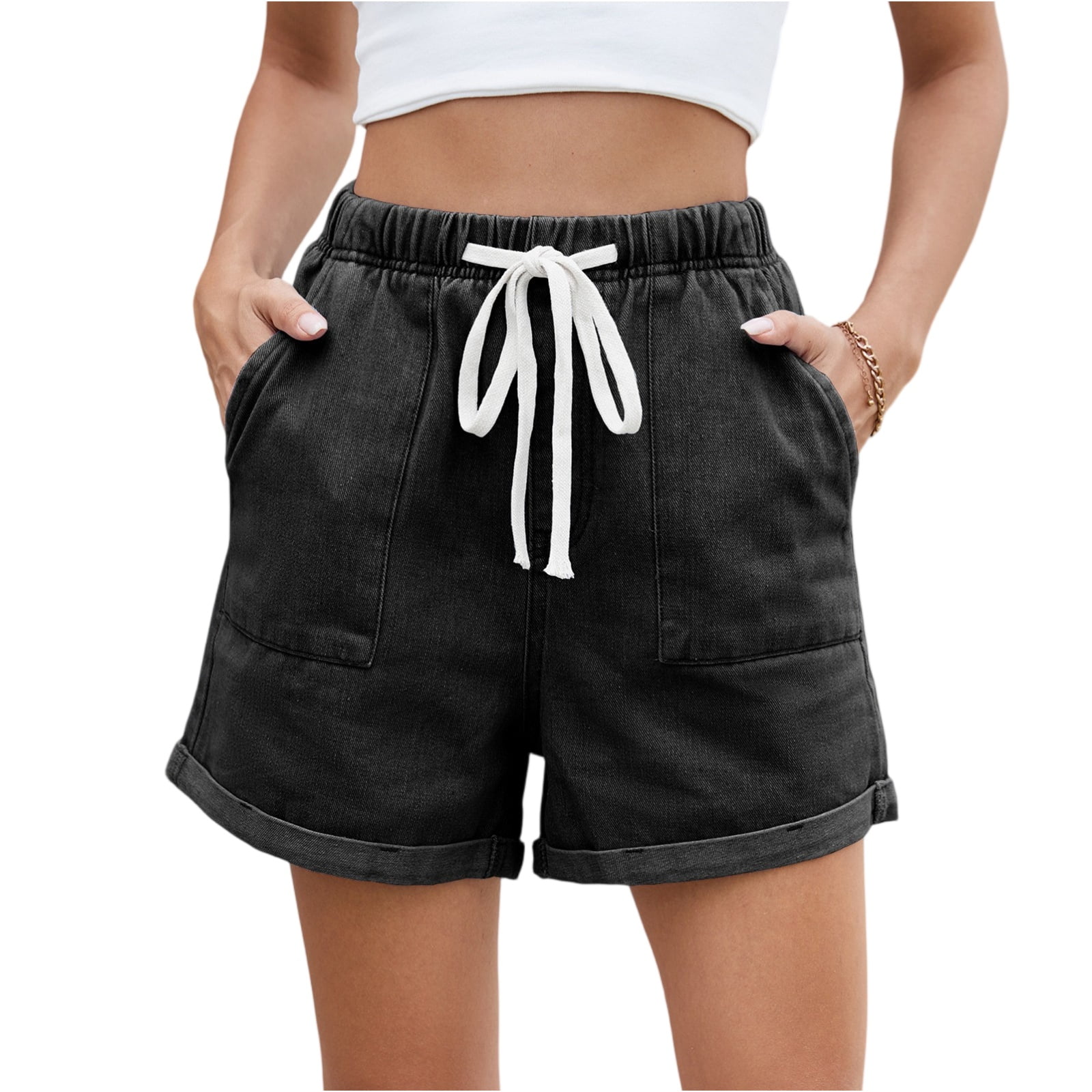 WULMLEO Denim Shorts for Women Stretchy Roll Up Mid Rise Jean Shorts ...
