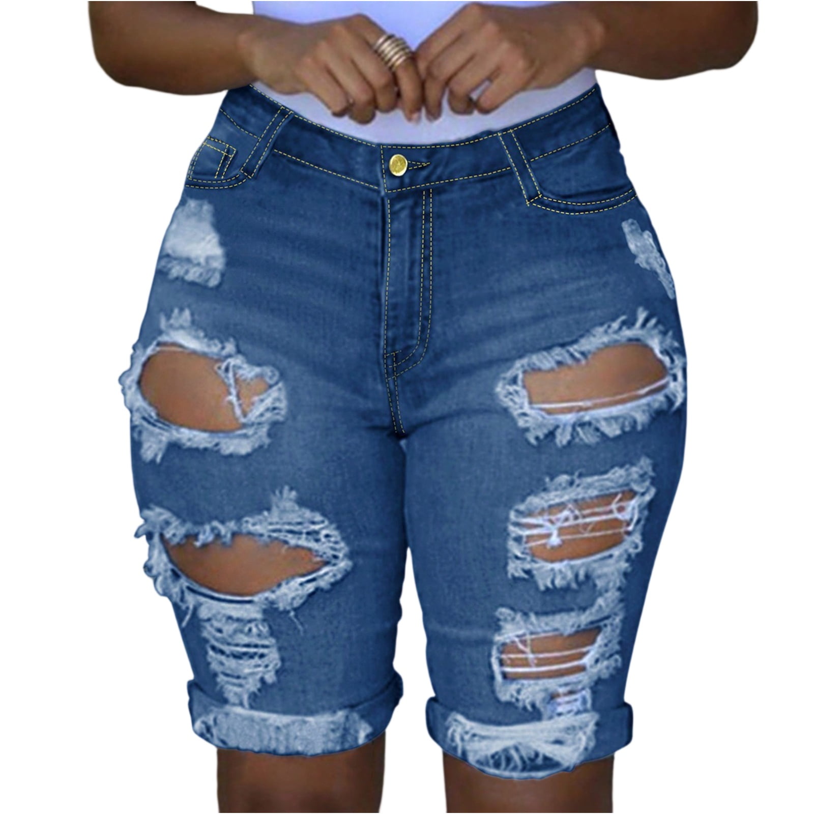 WULMLEO Denim shorts for Women Bermuda Roll Up High Rise Ripped Jean ...