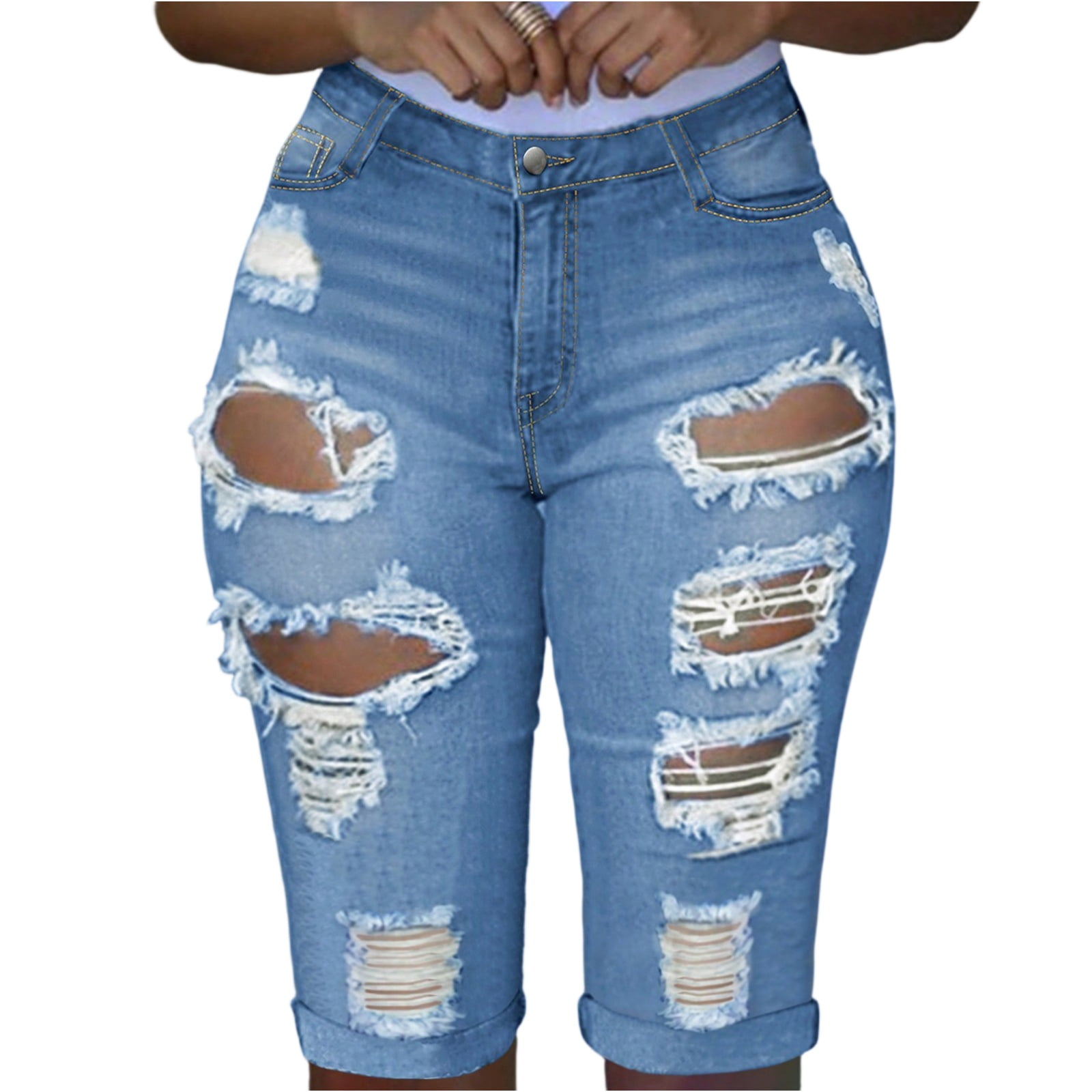 WULMLEO Denim shorts for Women Stretchy Wide Leg High Rise Ripped Jean ...