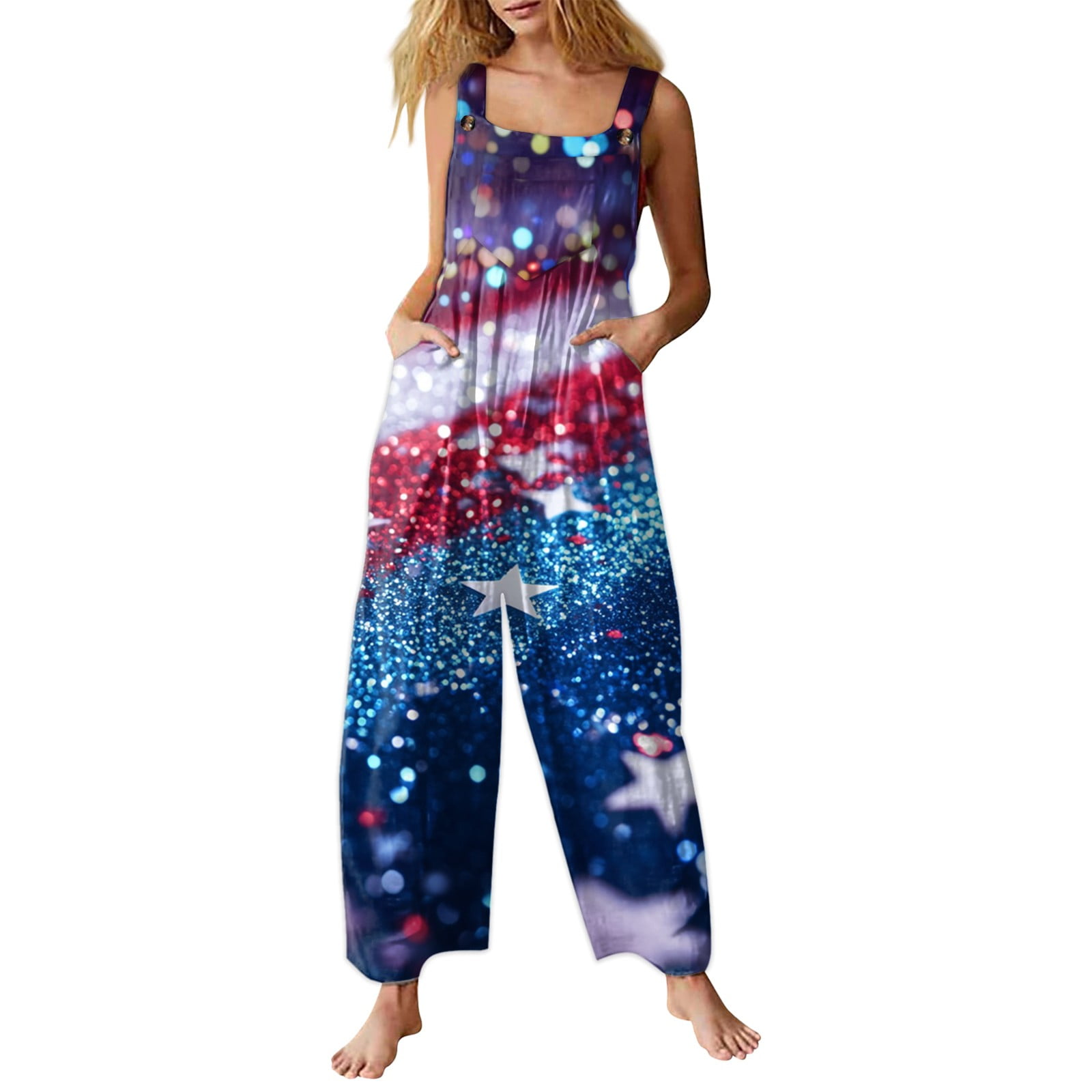 WULMLEO Fourth Of July Romper for Women Red White and Blue Button Plus ...