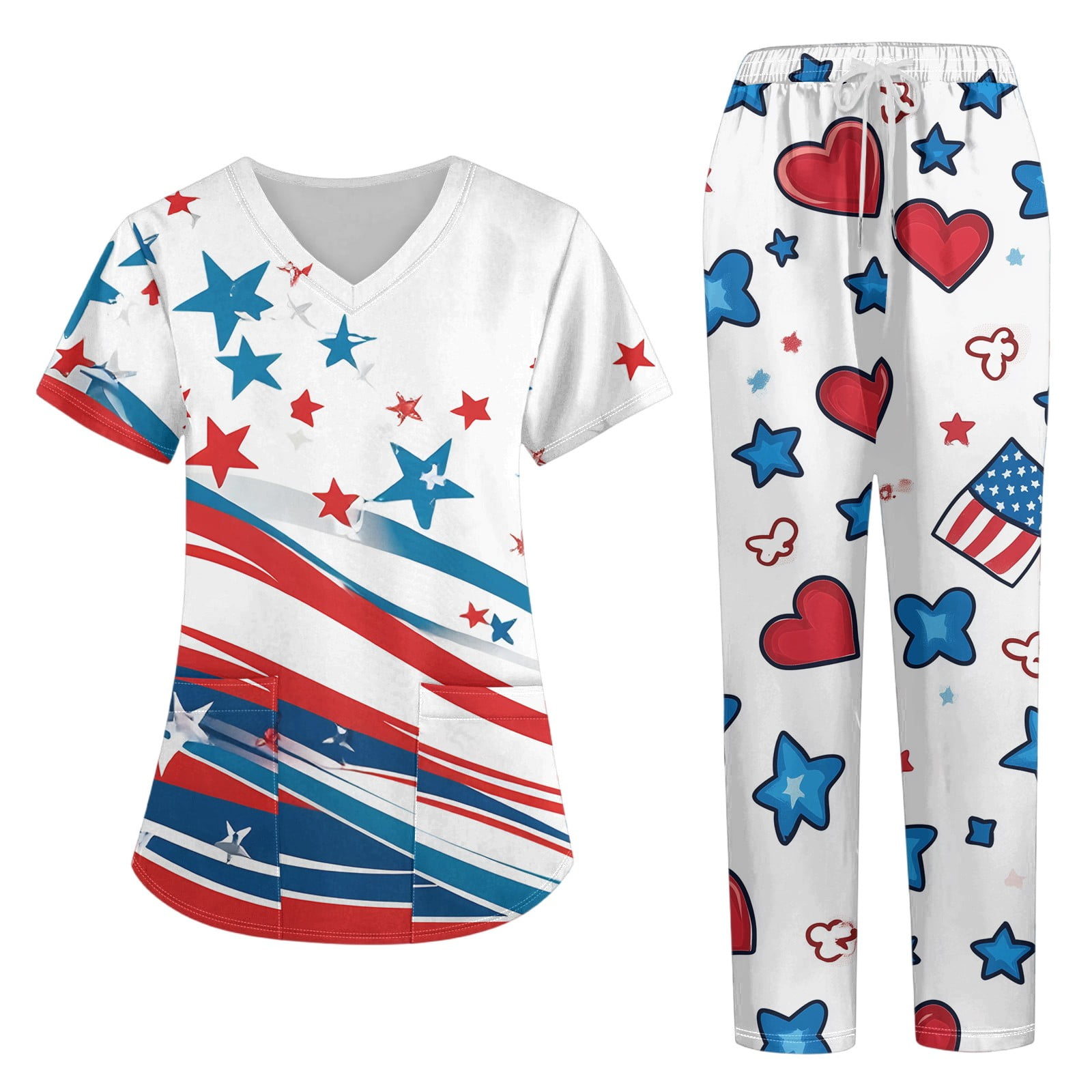 WULMLEO Fourth Of July Two Piece Scrub Outfits Women Scrubs and Pants ...