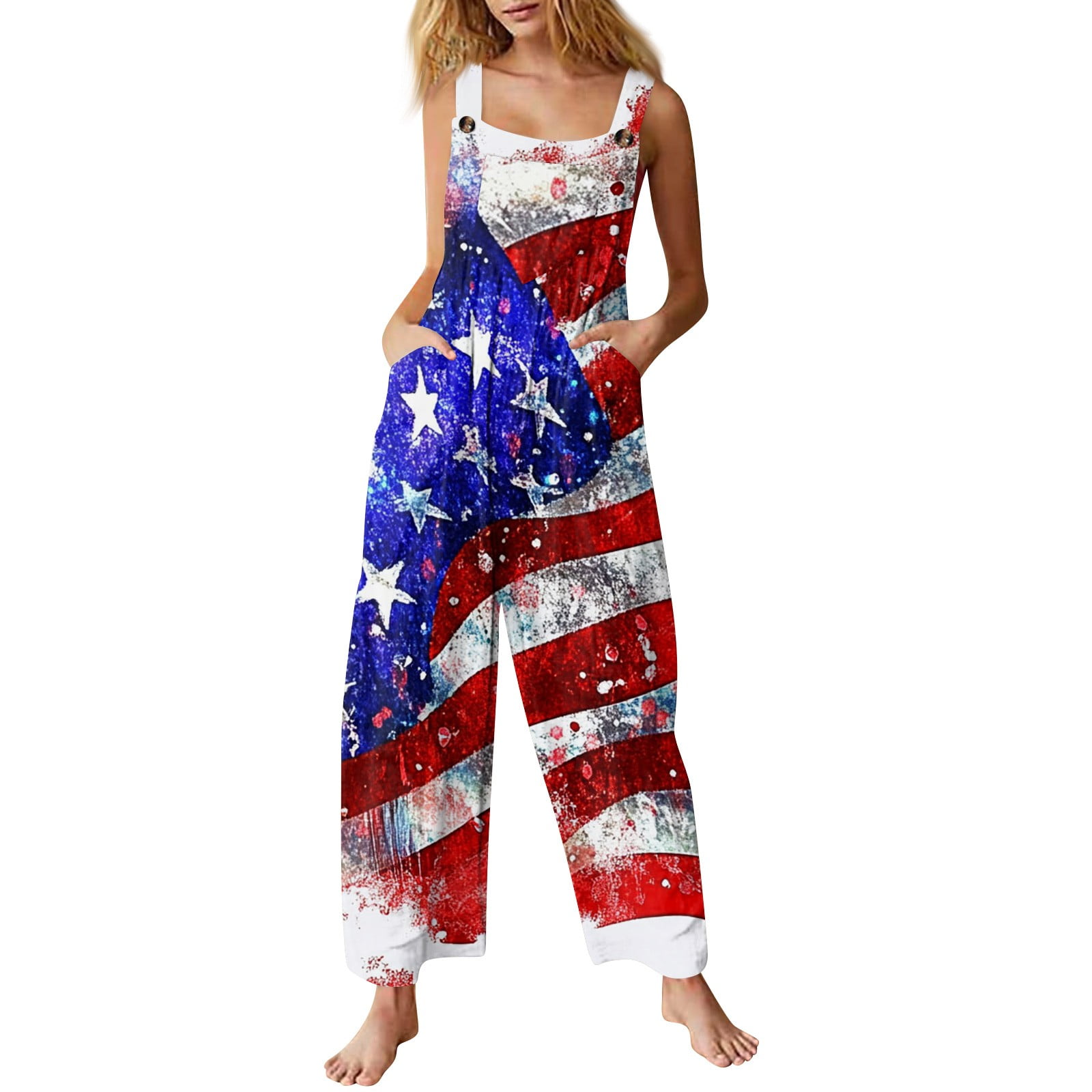 WULMLEO Fourth Of July Womens Overall Plus Size Baggy Button Red White and Blue Jumpsuit 1776 ...