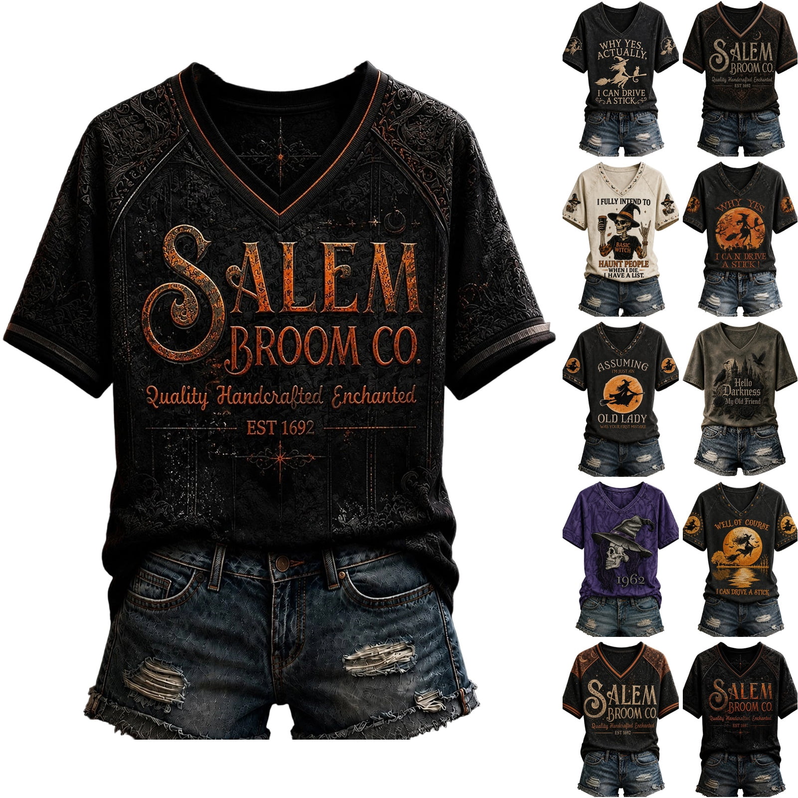 WULMLEO Halloween Fashion Tops For Women Skeleton Witch Print V Neck ...