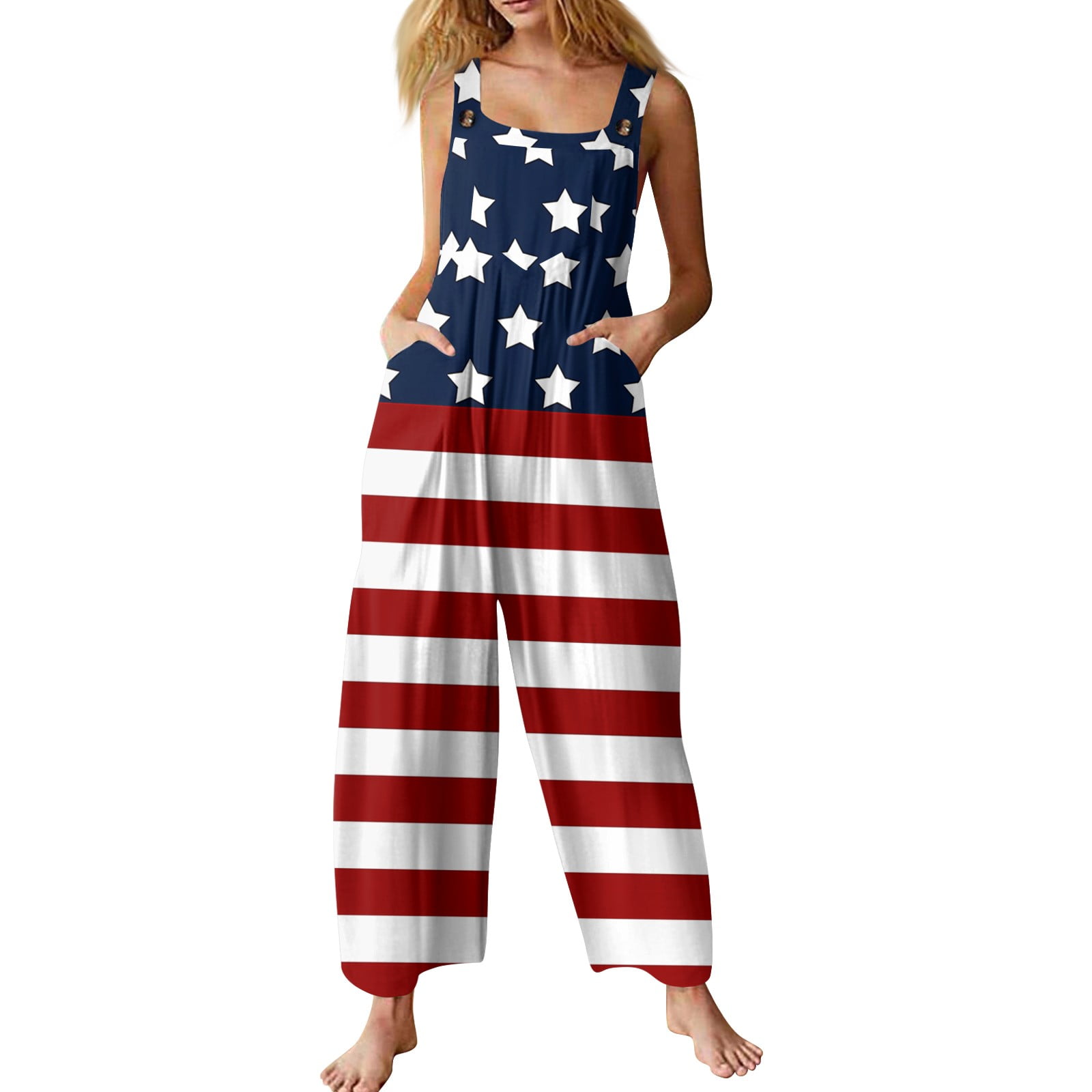 WULMLEO Independence Day Romper for Women Plus Size Baggy Button Red ...