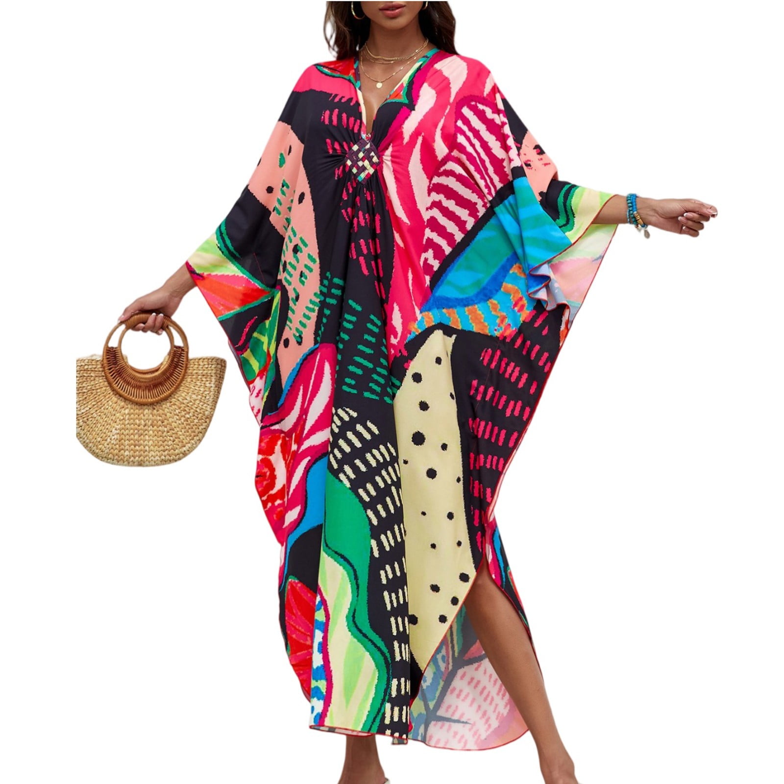 WULMLEO Kaftan Dresses for Women V Neck Batwing Sleeve Moomoo ...