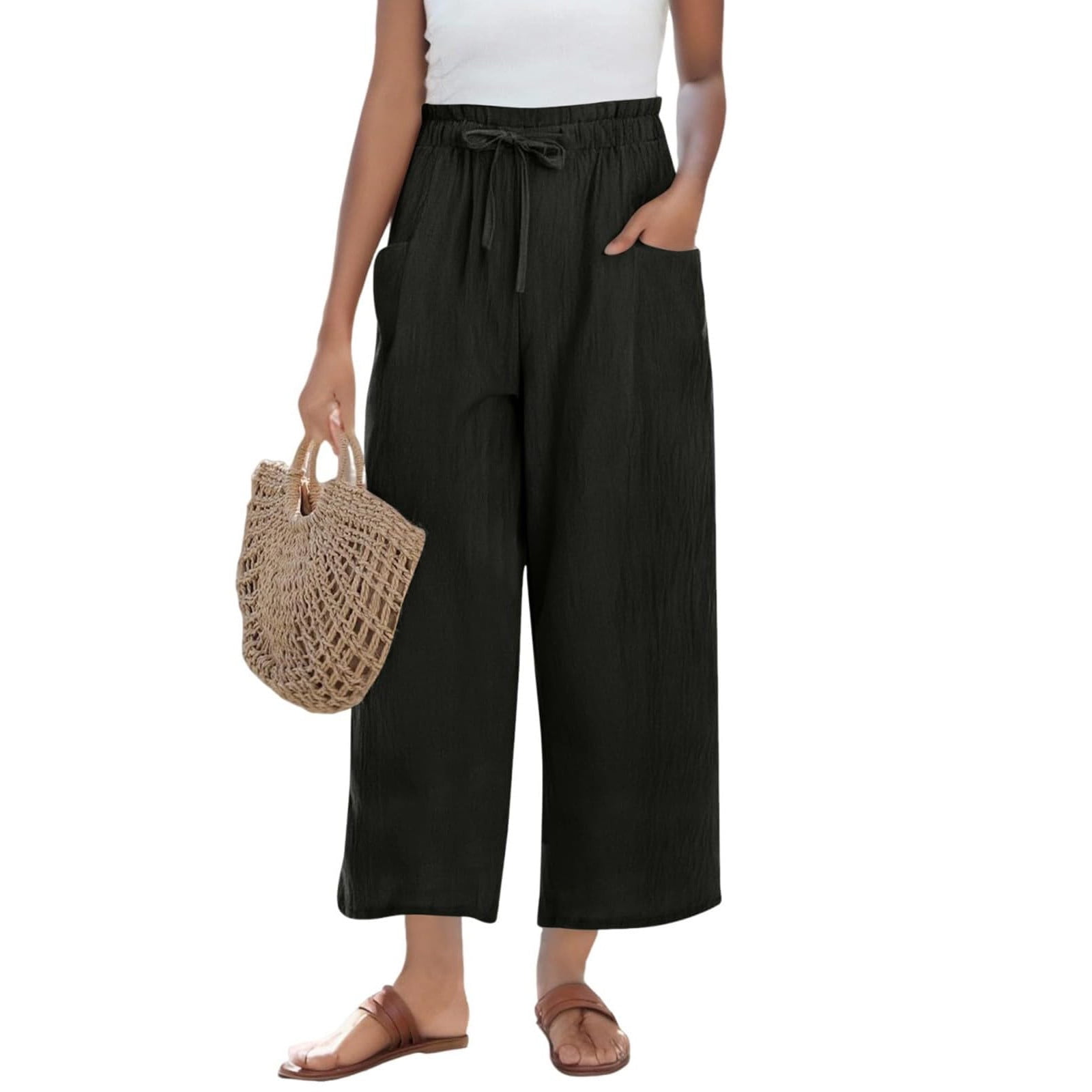 WULMLEO Linen Pants Women Summer High Waisted Wide Leg Capri Lounge ...