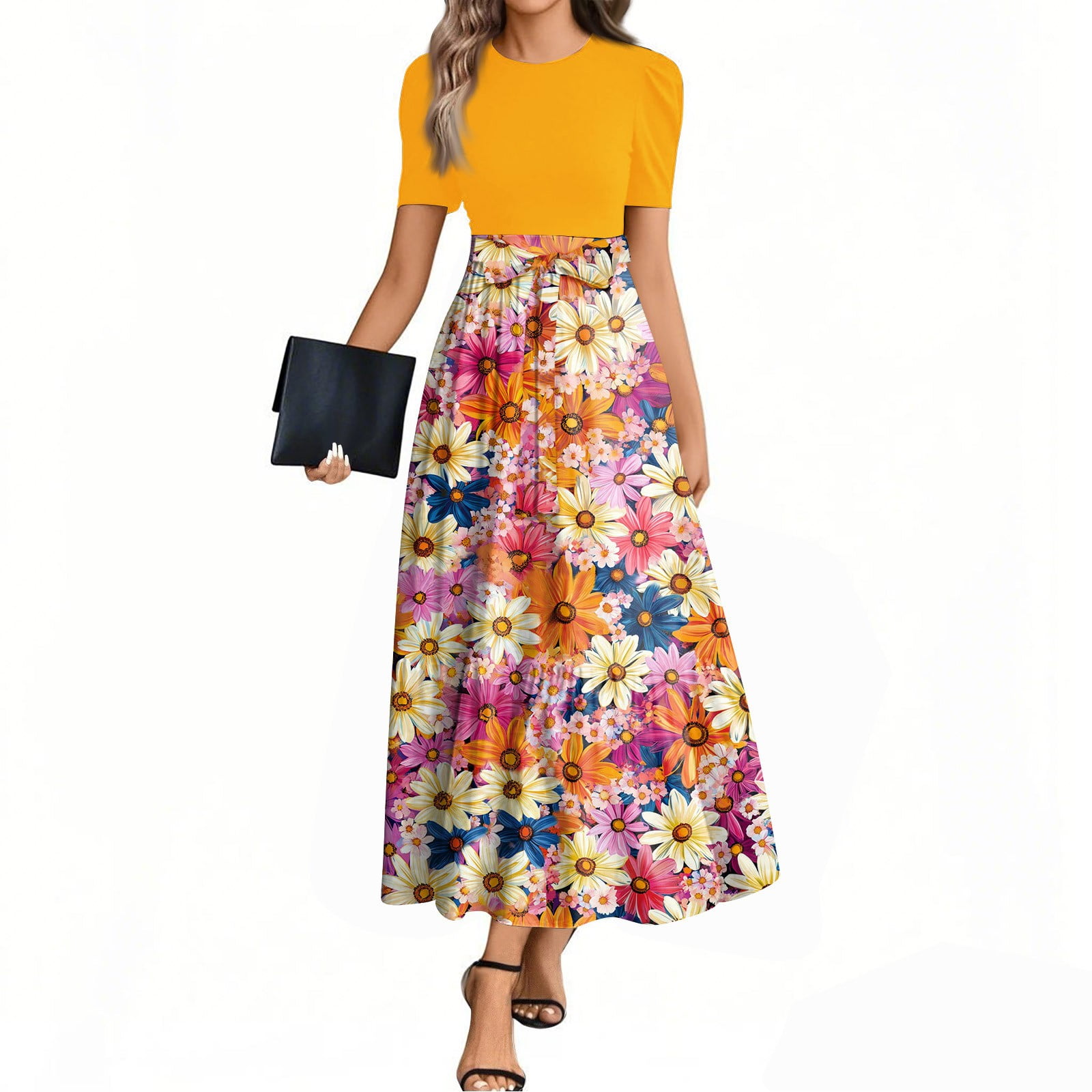 WULMLEO Long Floral Dresses for Women 2025 Elegant Boho Tie Belted ...