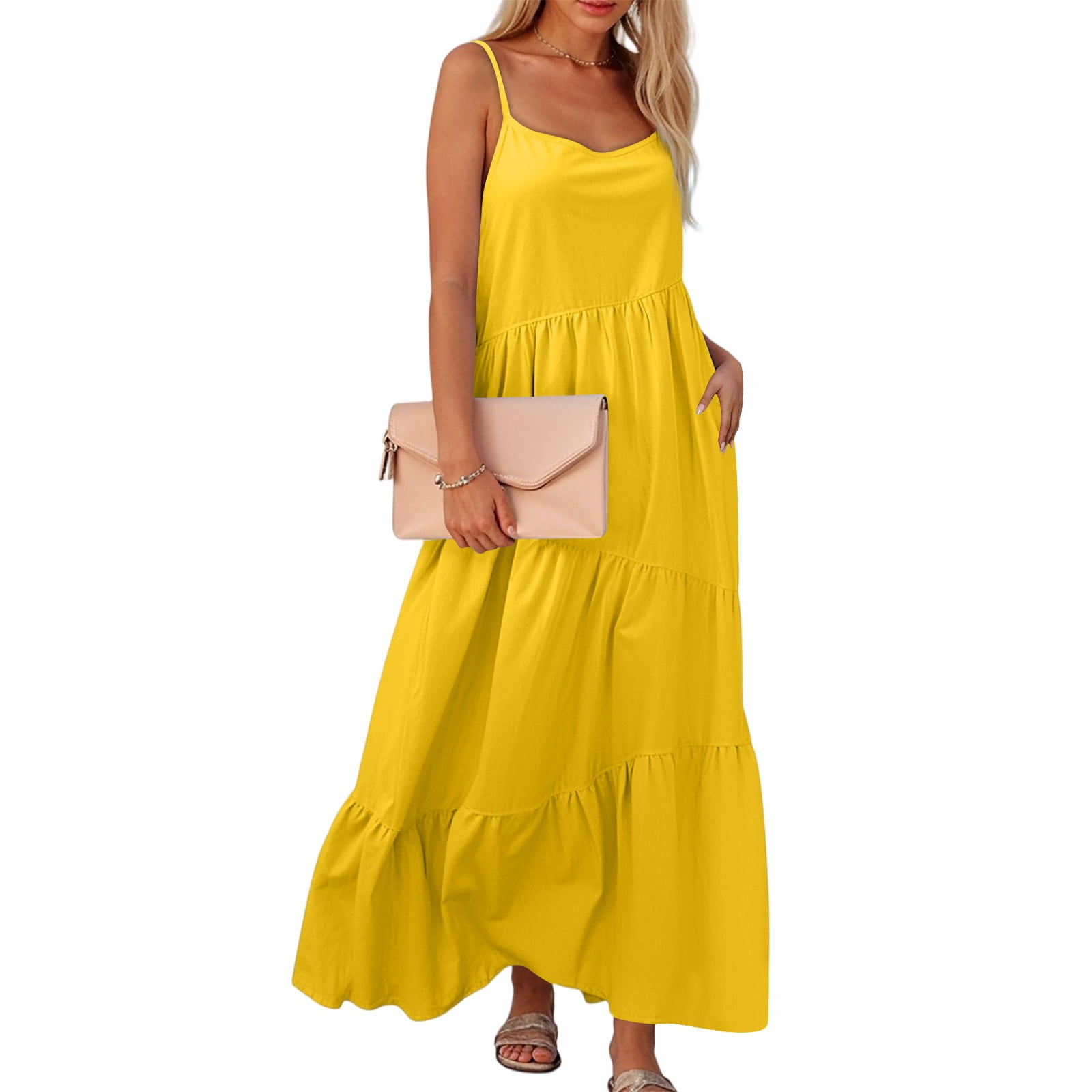 WULMLEO Maxi Sundresses for Women Summer Boho Beach Loose Spaghetti ...