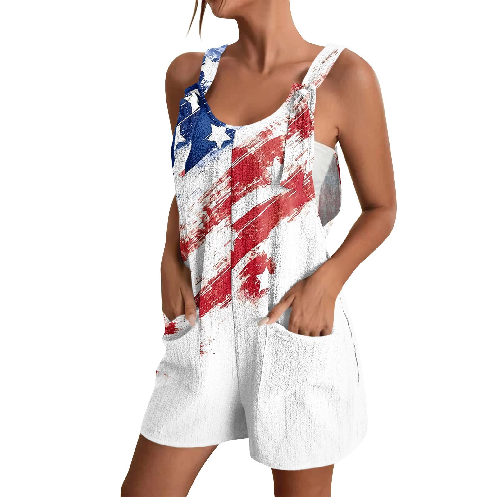 WULMLEO Memorial Day Romper for Women Plus Size Baggy U Neck Red White ...