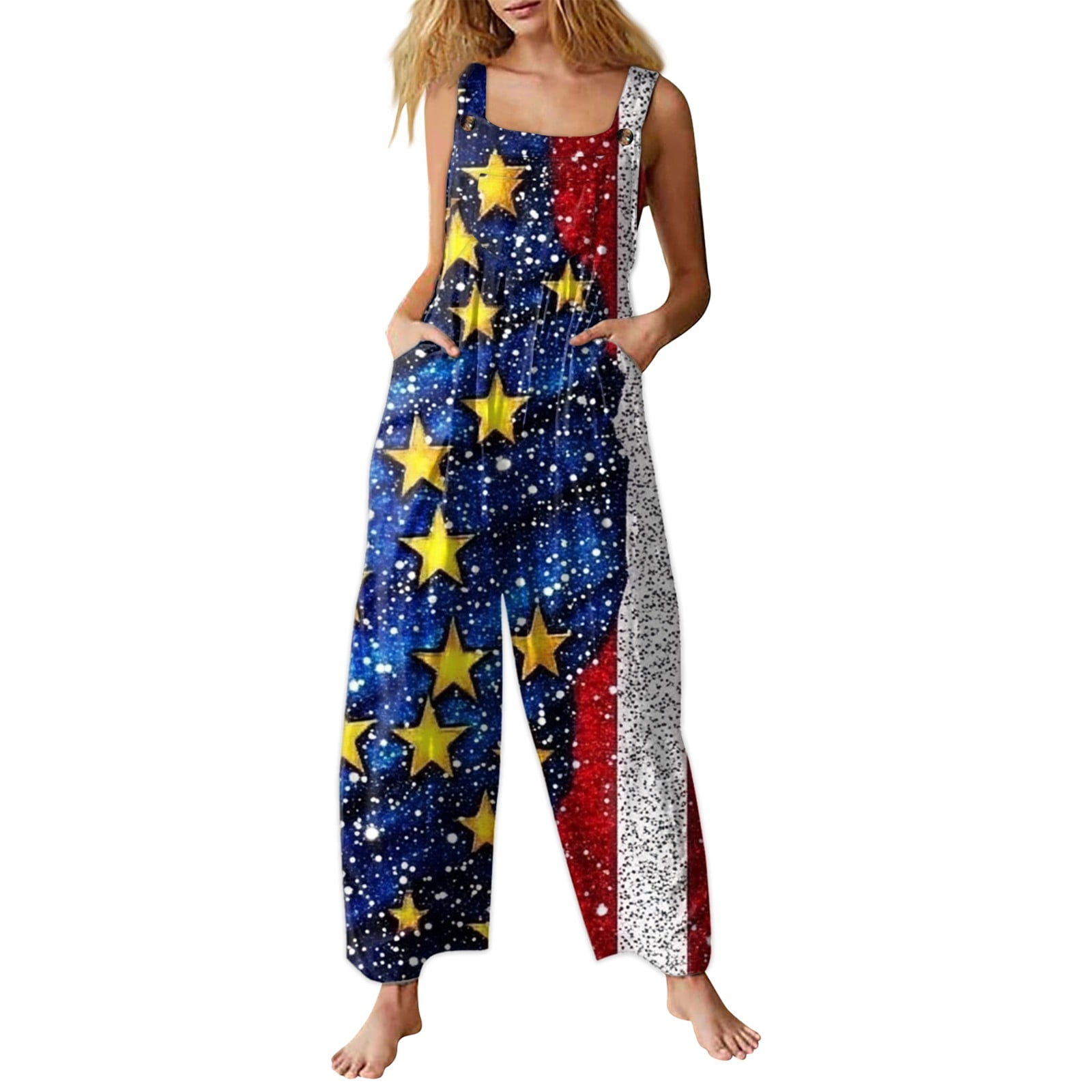 WULMLEO Memorial Day Womens Overall Red White and Blue Sleeveless Usa ...