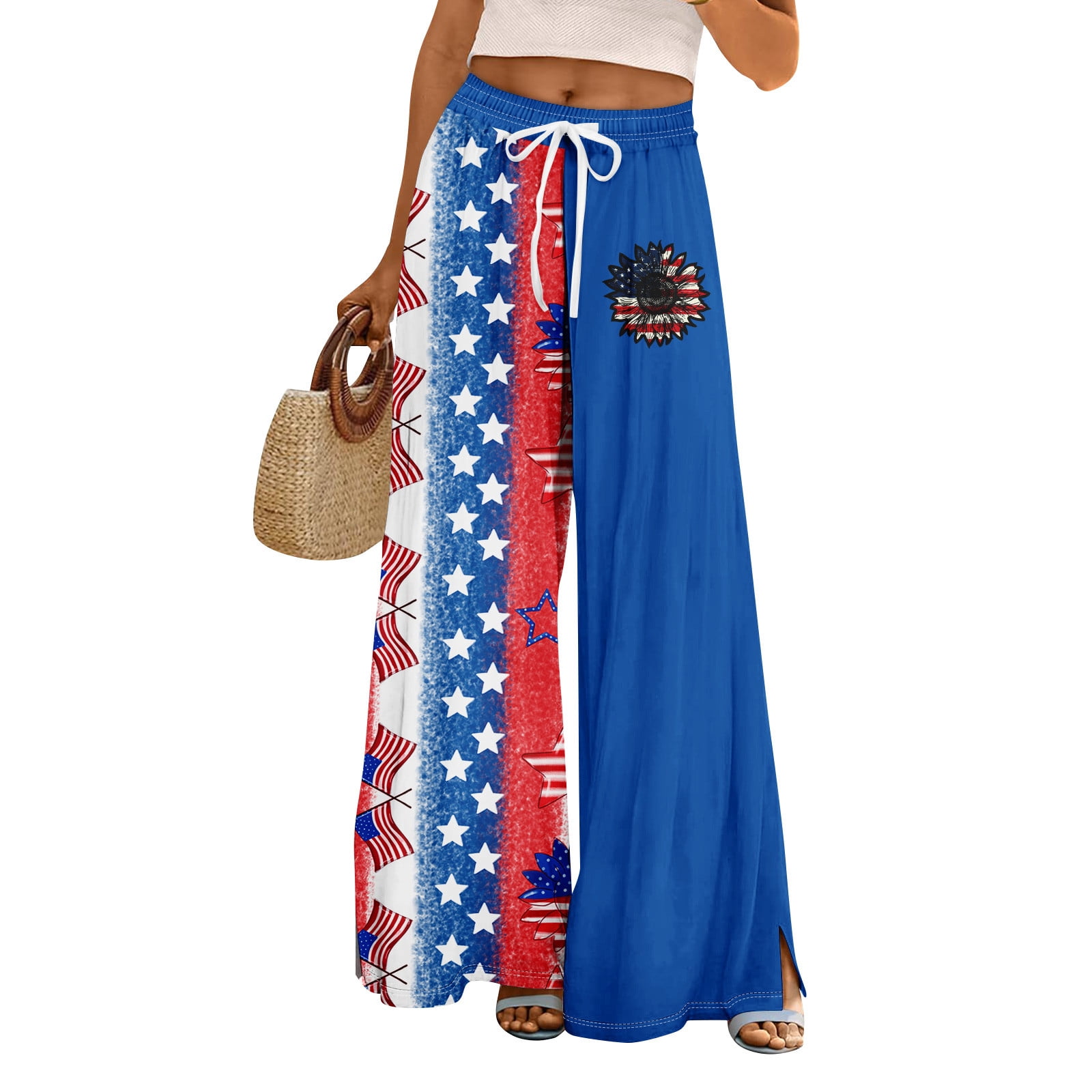 WULMLEO Memorial Day Womens Pants Plus Size Wide Leg High Elastic Waist ...