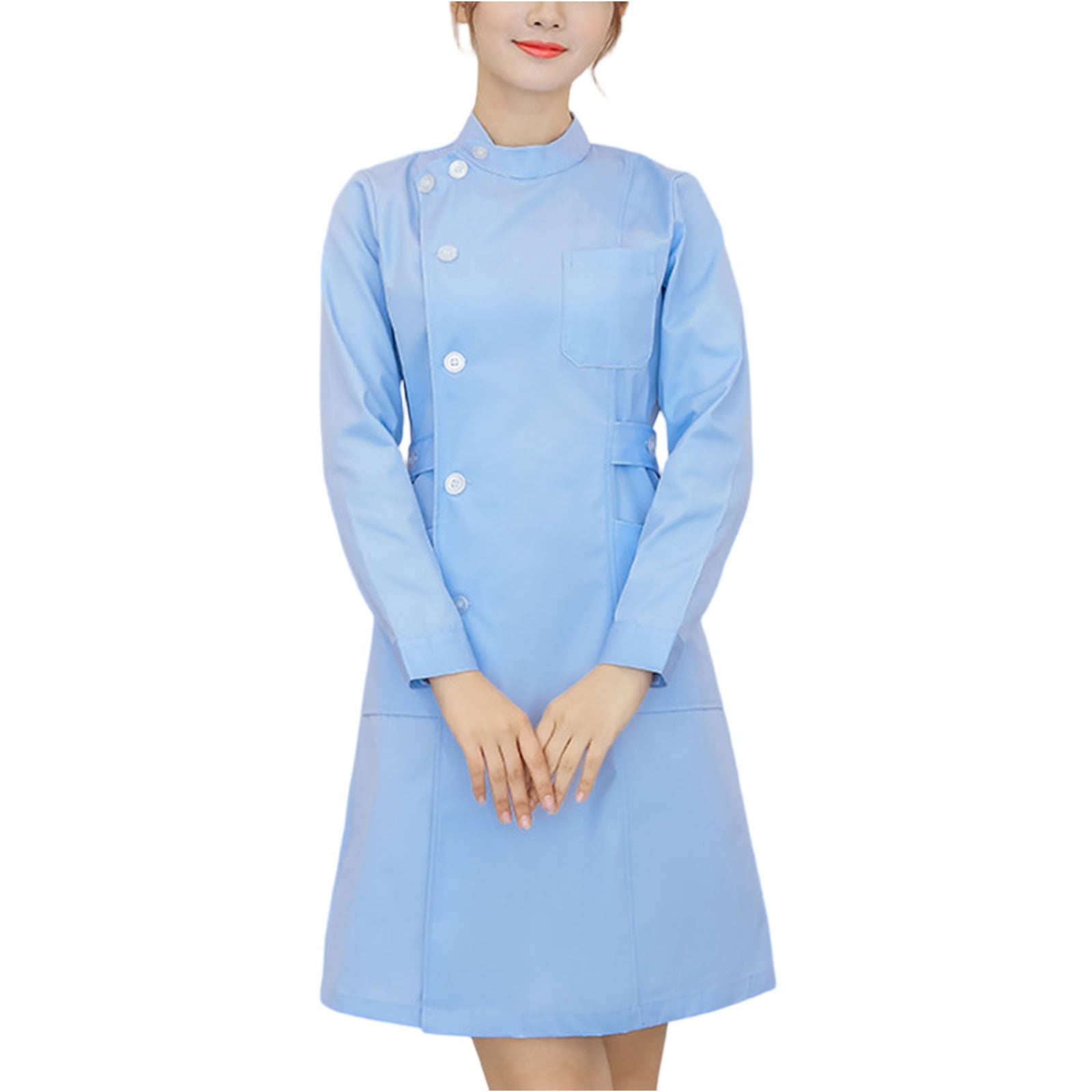 WULMLEO Nurse Scrubs Dress for Women Formal Lapel Neck Long Sleeve ...