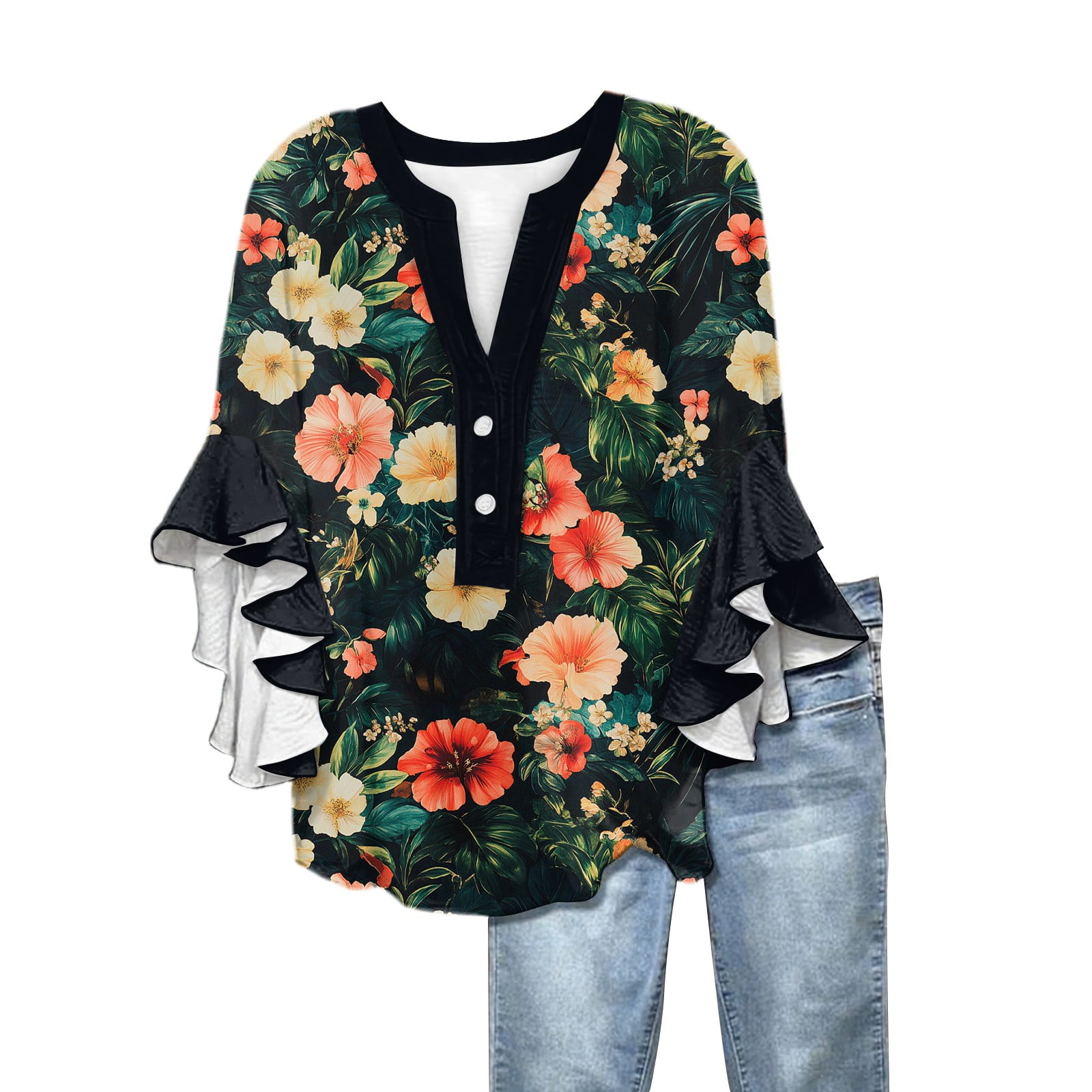 WULMLEO Plus Size Tops for Women Button Down V Neck Business Casual ...