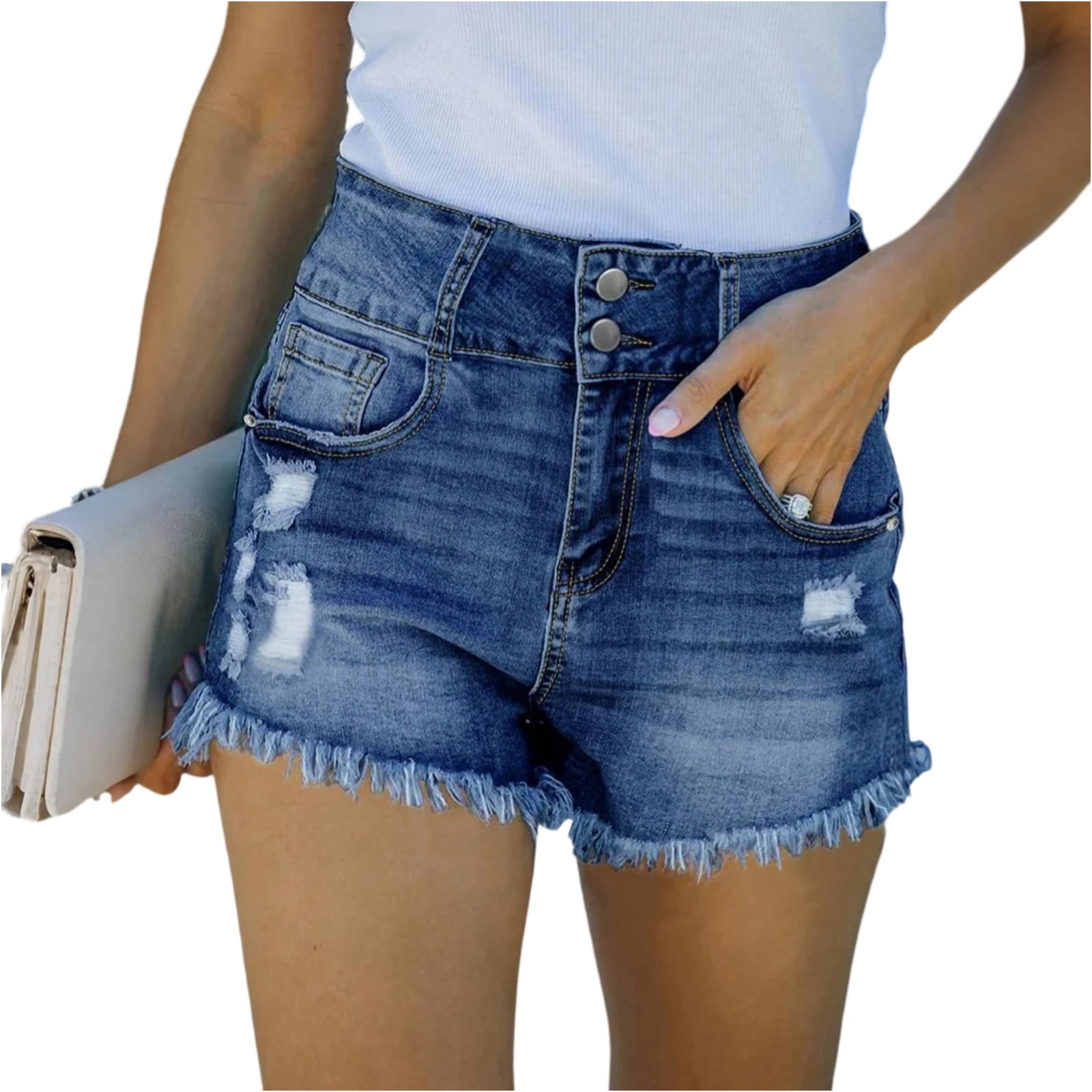 WULMLEO Ripped Jean Shorts for Women Bermuda Mid Rise Denim Shorts Plus ...