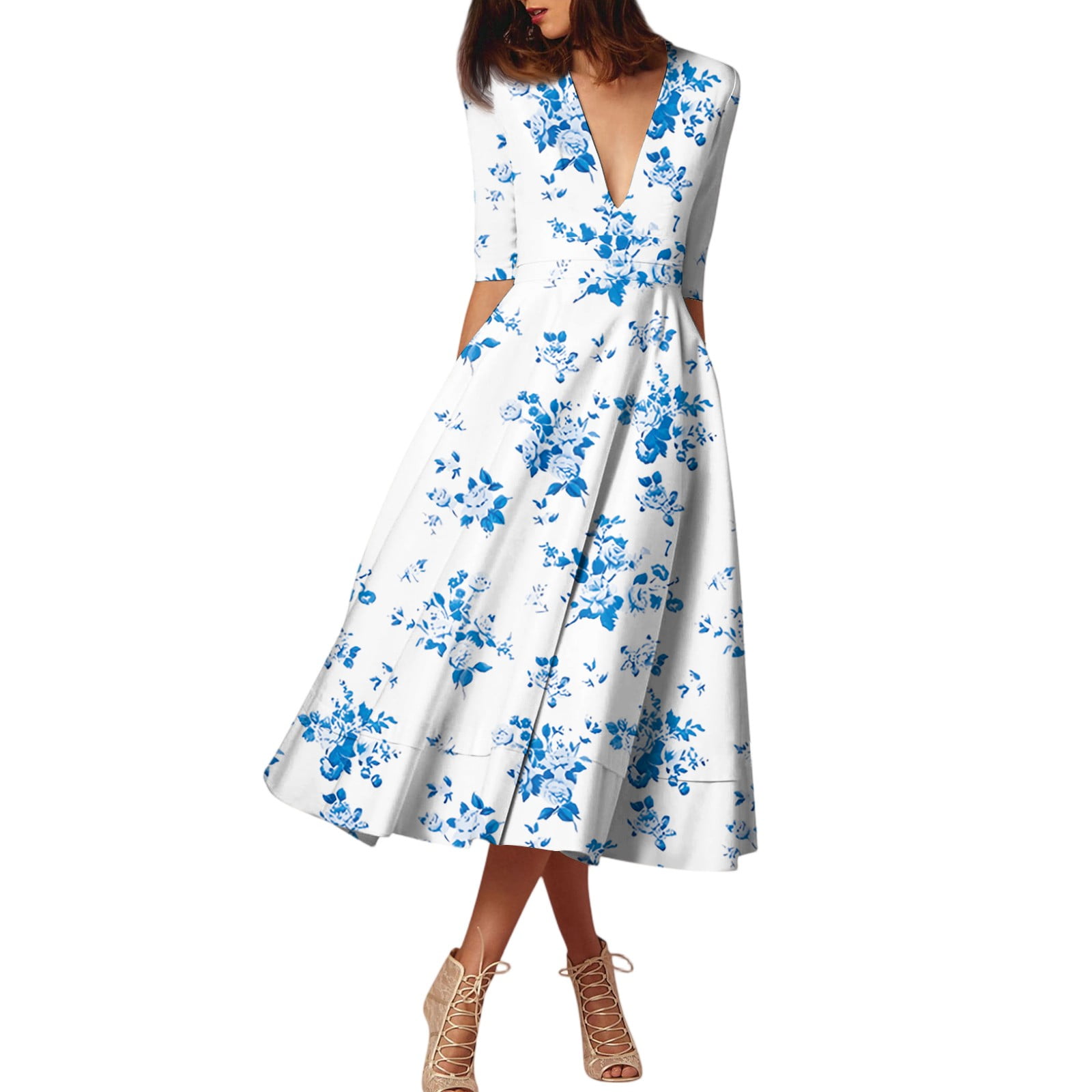 WULMLEO Summer Dresses for Women 2025 Floral Graphic V Neck Midi Dress ...