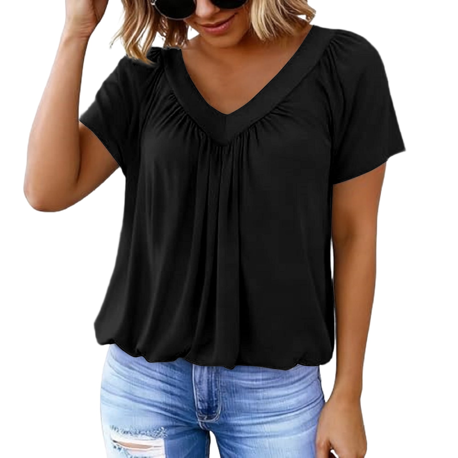 WULMLEO Summer Tops for Women 2026 Short Sleeve V Neck Ruched Shirts ...