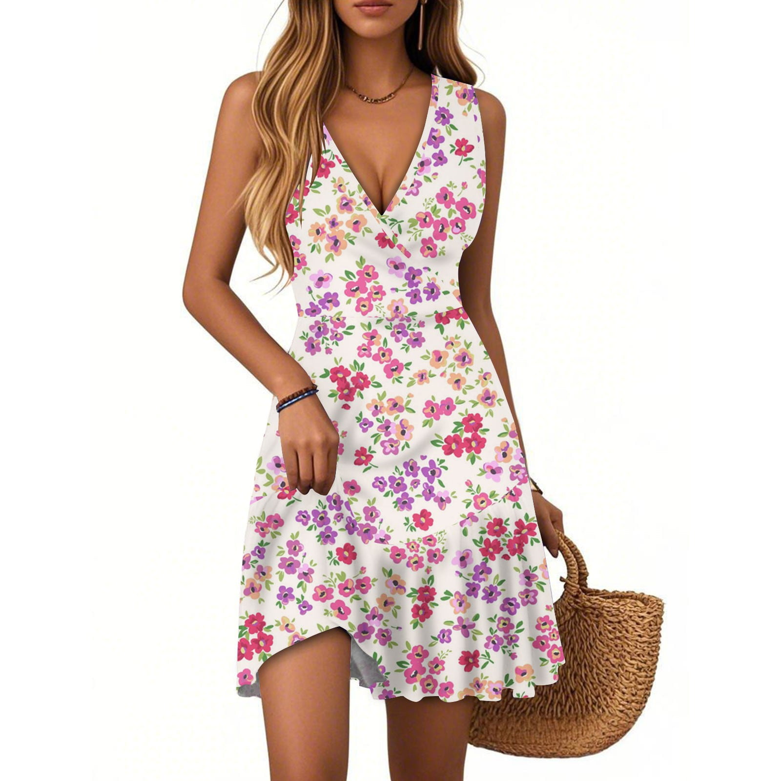 WULMLEO Sundresses for Women 2025 Short Sleeve Cross Wrap V Neck A-Line ...