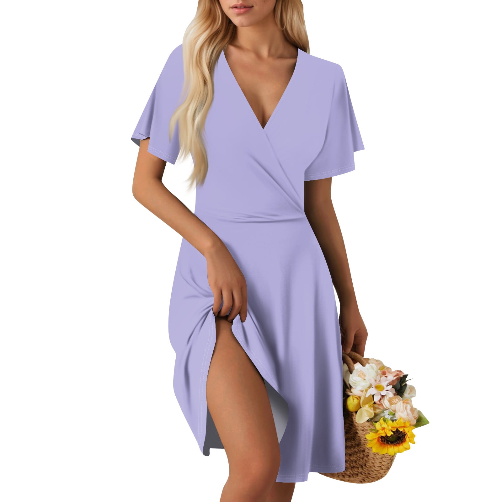 WULMLEO Sundresses for Women 2025 Short Sleeve Sexy V Neck A-Line Mini ...