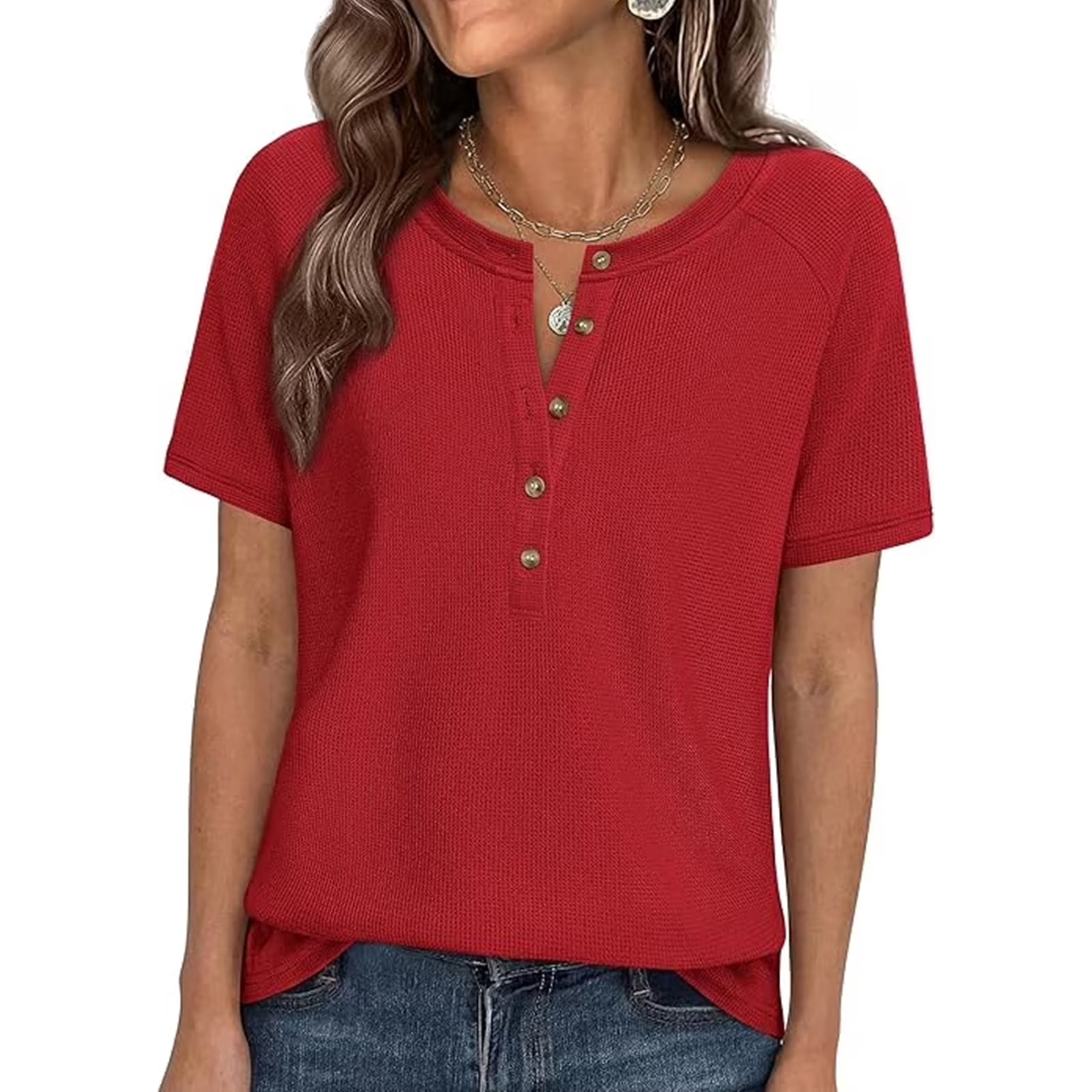 WULMLEO Waffle Knit Tops for Women Short Sleeve Henley Crew Neck Shirts ...