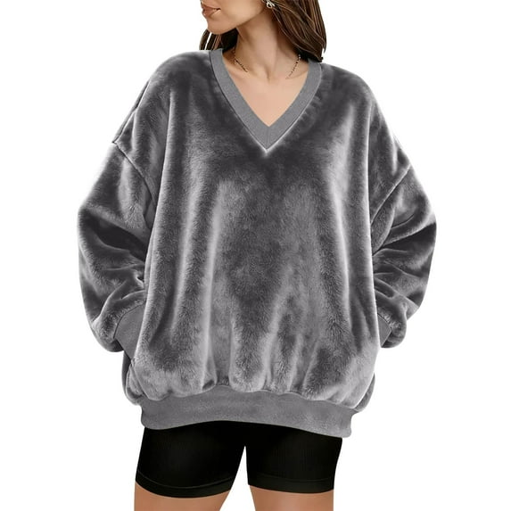 WULMLEO Women Oversized Sweatshirt Trendy V-Neck Plush Sweatshirt with ...
