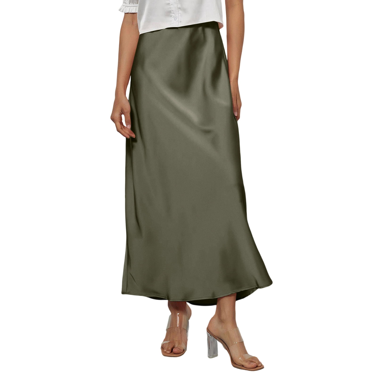 WULMLEO Women's Elegant Satin Skirts High Waisted Flared Casual Work ...